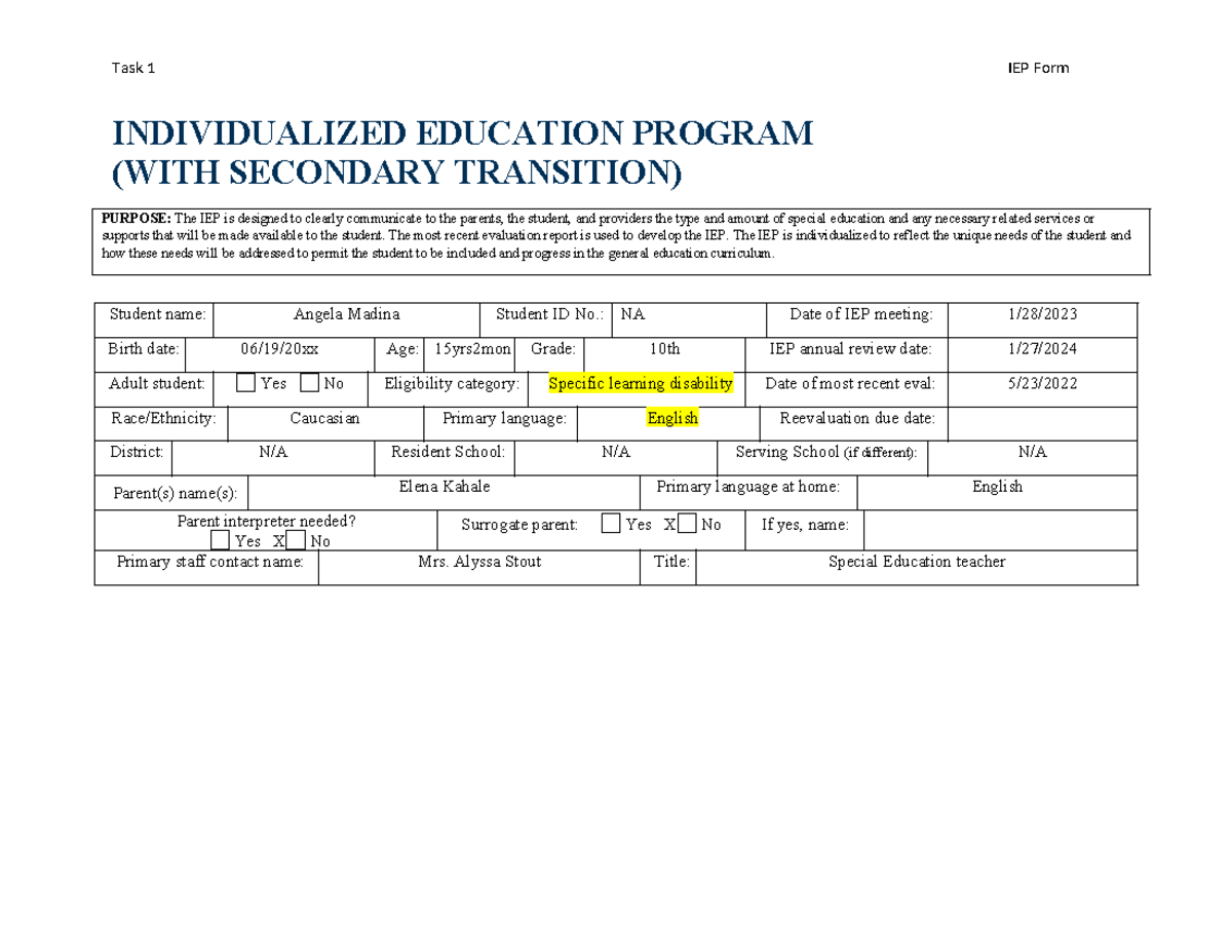 D004 Task1IEP Form (2) (1)NEW - INDIVIDUALIZED EDUCATION PROGRAM (WITH ...