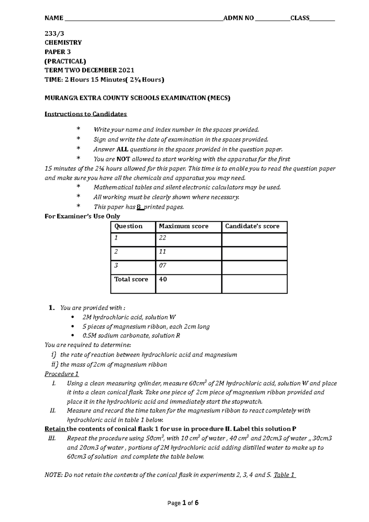 233 3 Paper 3 Chemistry Questions - NAME ADMN NO CLASS 233/ CHEMISTRY ...