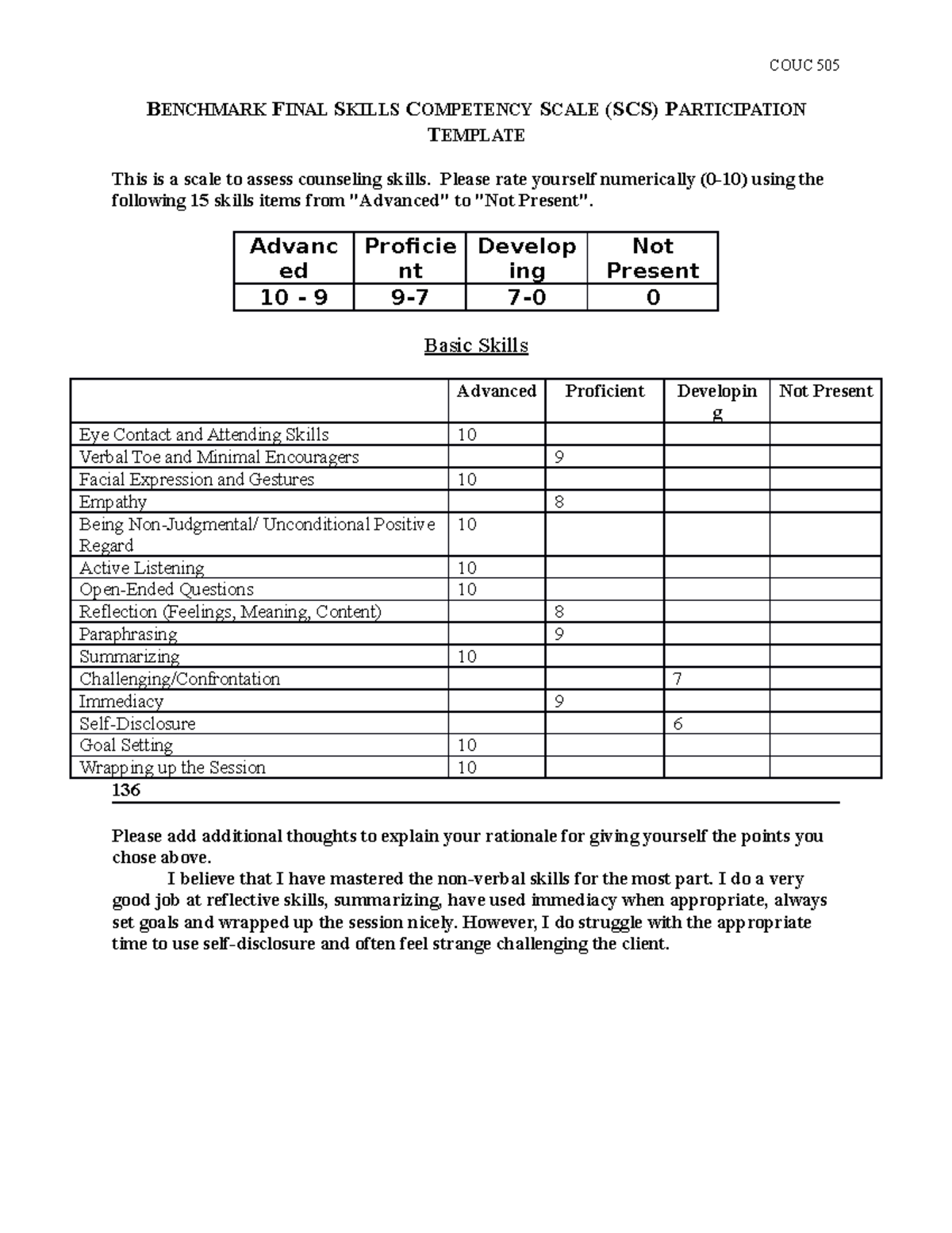 Benchmark Final Skills - COUC 505 BENCHMARK FINAL SKILLS COMPETENCY ...