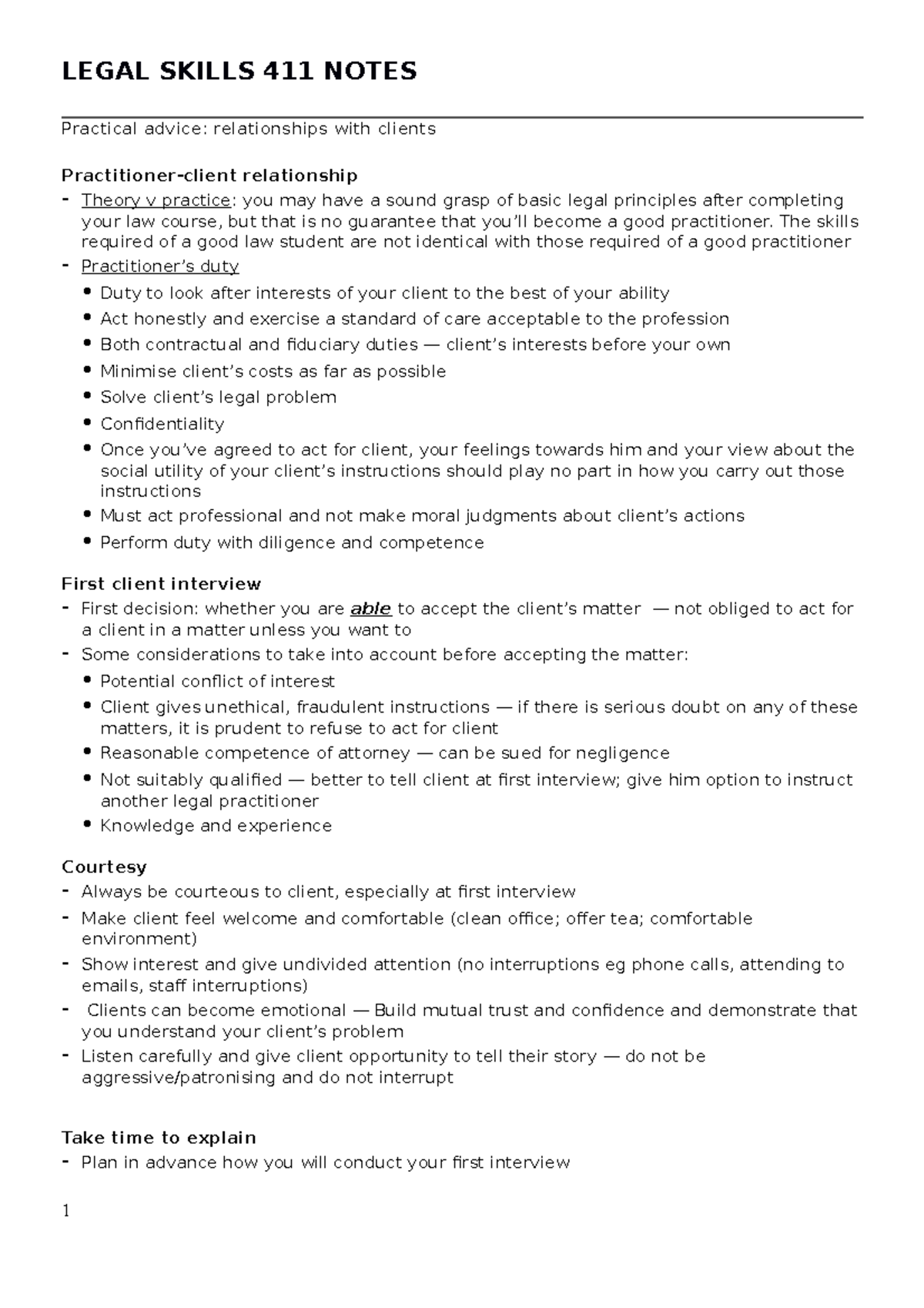 Legal Skills Josie notes 1 - LEGAL SKILLS 411 NOTES Practical advice ...