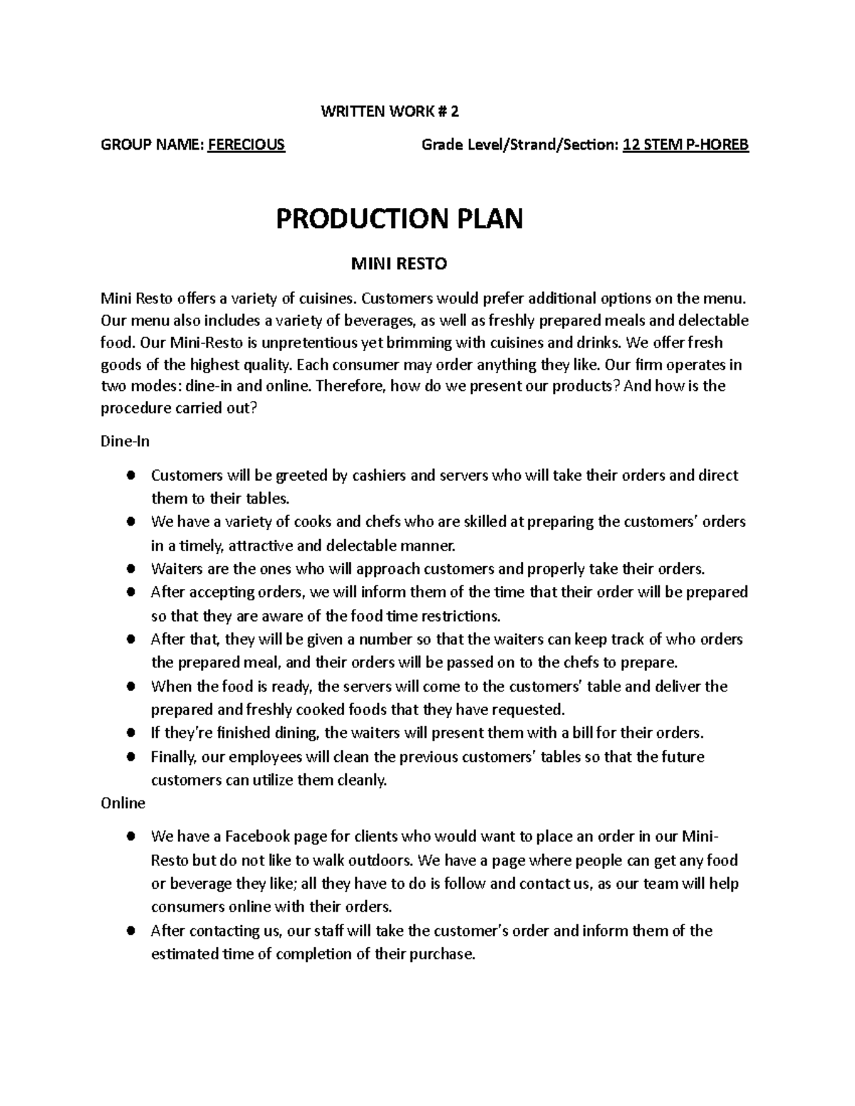 Entrep Ferecious WEEK 2 - WRITTEN WORK # 2 GROUP NAME: FERECIOUS Grade ...