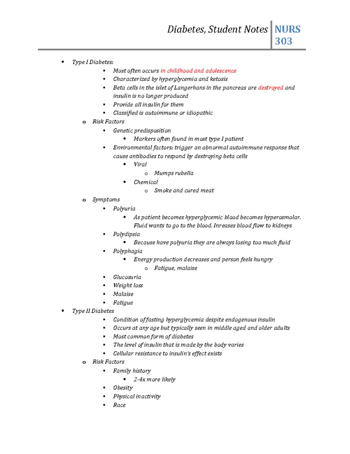 Diabetes, Student Notes(2) - Fundamentals of Nursing: the Art and ...