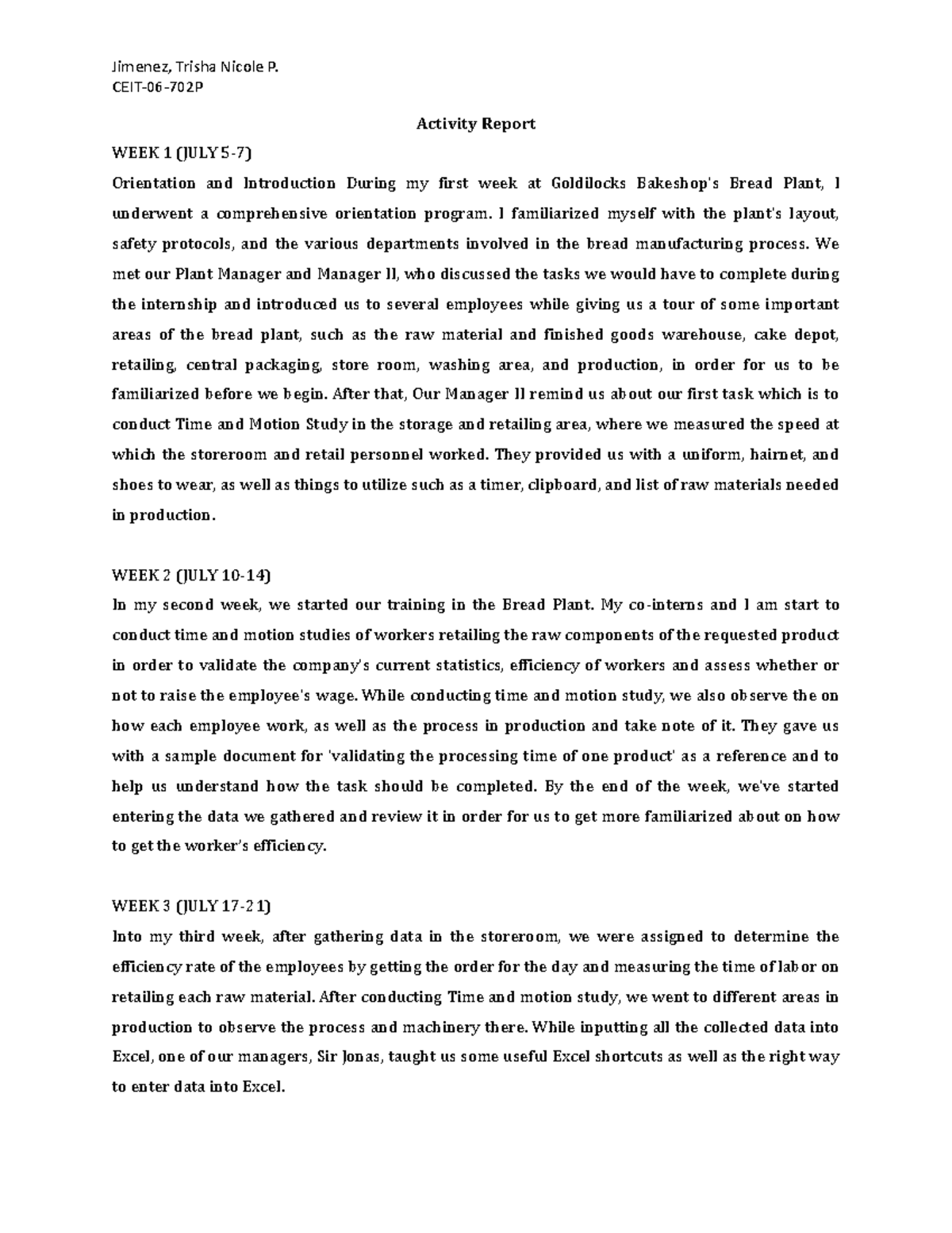 Activity Report - Nicole 1 - CEIT- 06 - 702P Activity Report WEEK 1 ...