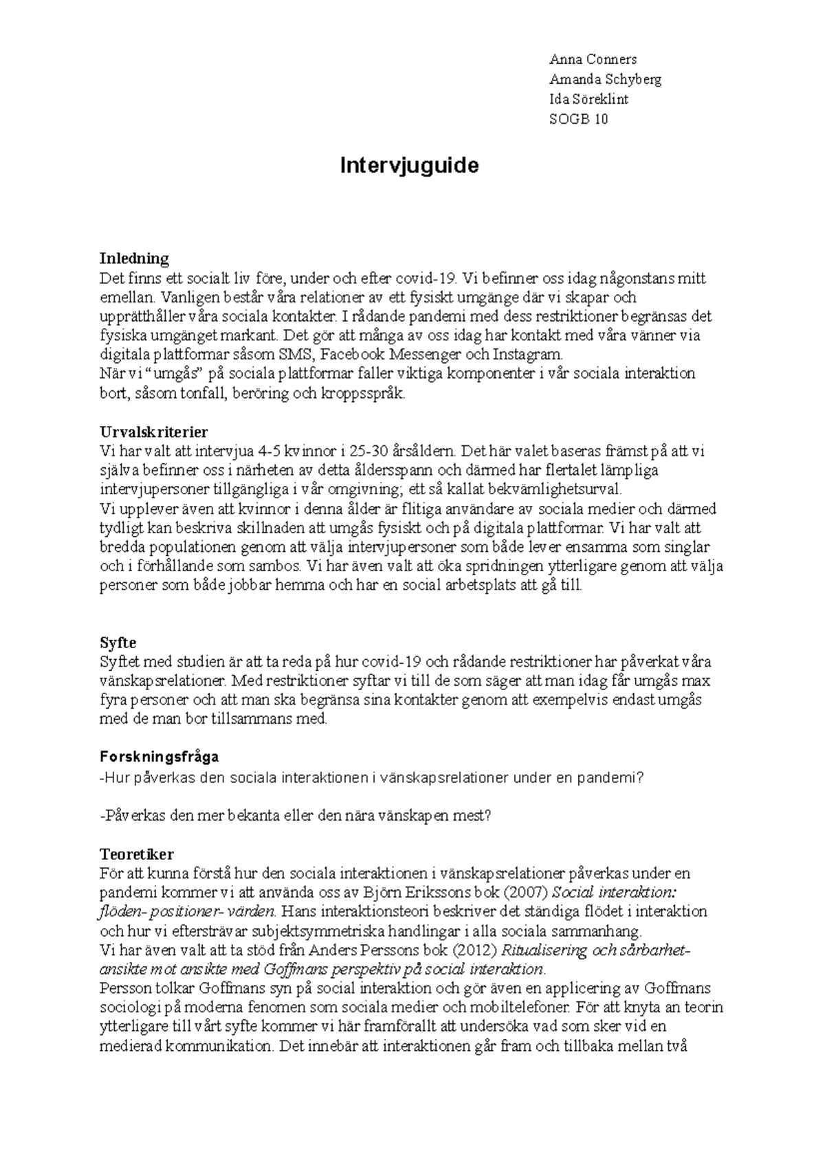 Intervjuguide kval metod - Amanda Schyberg Ida Söreklint SOGB 10 ...