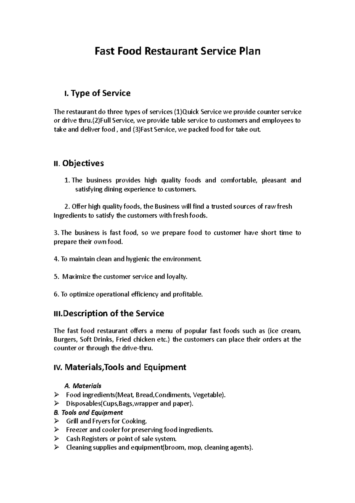 Fast Food Restaurant Service Plan(Andrei Guno) - Fast Food Restaurant ...