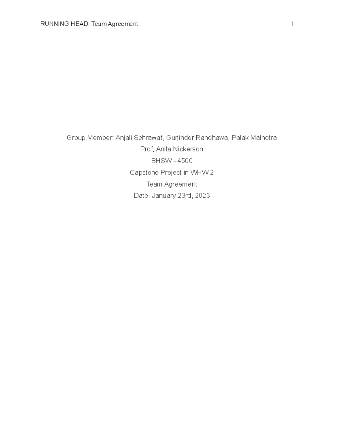 Capstone Agreement - Coursework - RUNNING HEAD: Team Agreement 1 Group ...