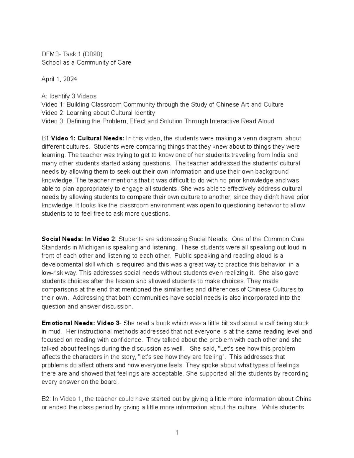 D090 Task 1 Passed - DFM3- Task 1 (D090) School as a Community of Care ...