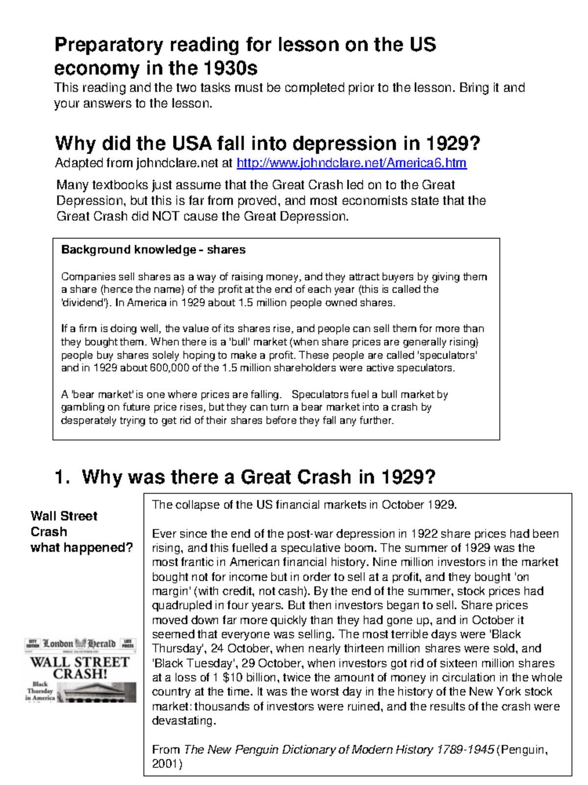 Great depression worksheet - Why did the USA fall into depression in ...