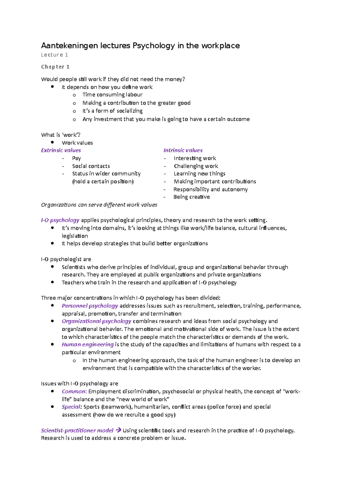 Psychology in the workplace - Aantekeningen lectures Psychology in the ...