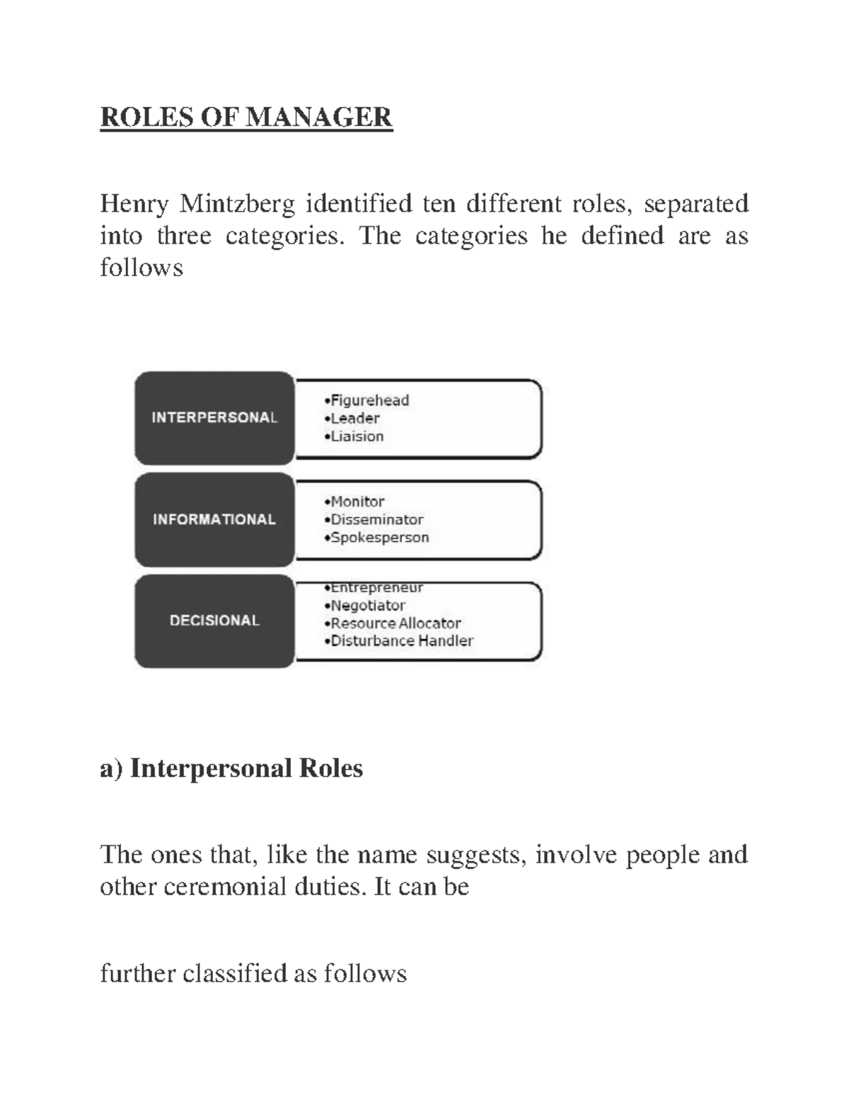 Roles OF Manager - POM LECTURE NOTES - ROLES OF MANAGER Henry Mintzberg ...