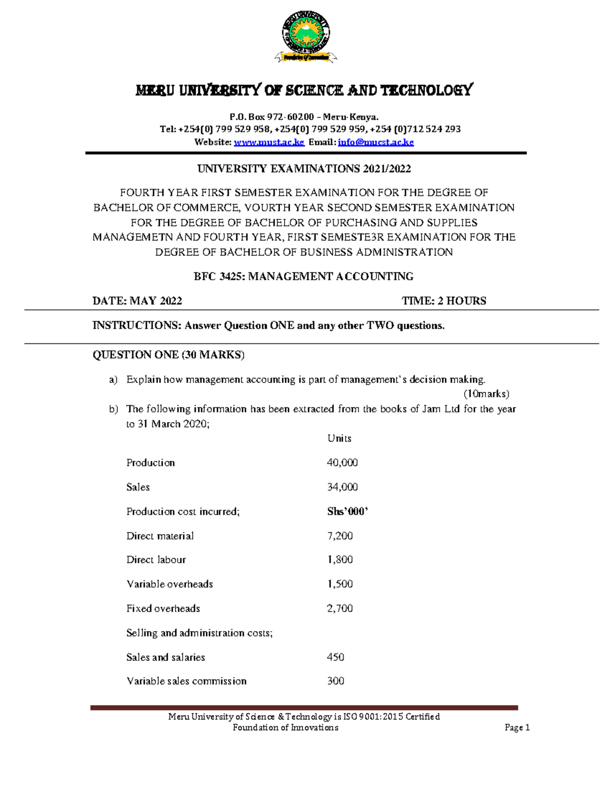 BFC 3425 Management Accounting - MERU UNIVERSITY OF SCIENCE AND ...