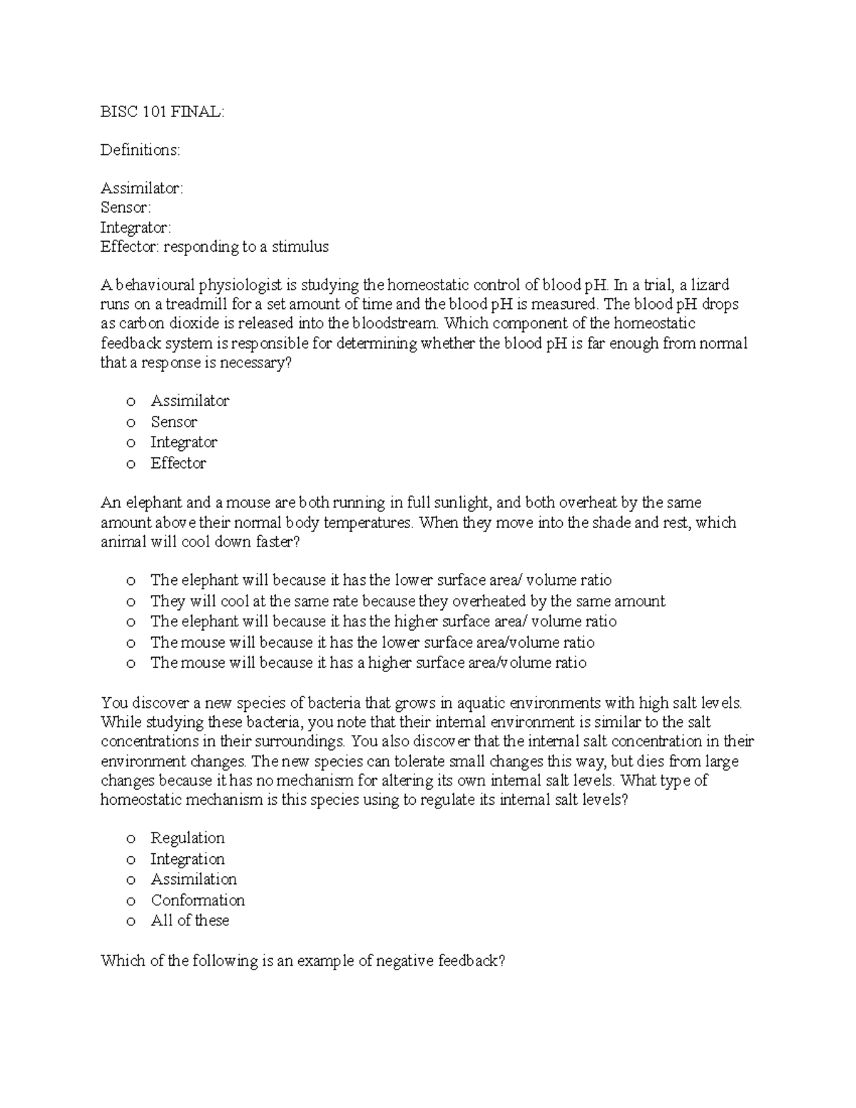 BISC 101 final study notes - BISC 101 FINAL: Definitions: Assimilator ...