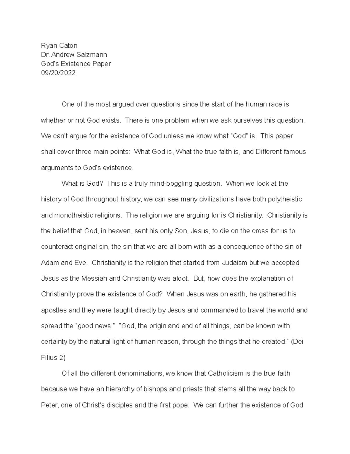 Gods Existence - Lecture notes - Ryan Caton Dr. Andrew Salzmann God’s ...