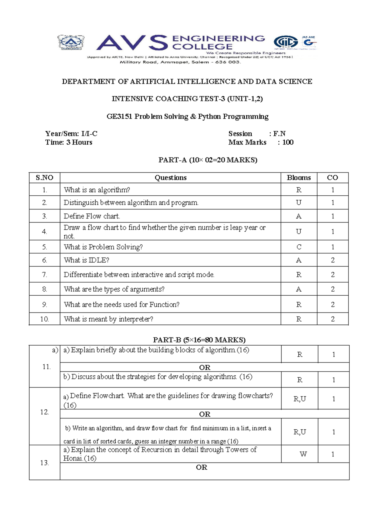 ICT PSPP TEST 2(3,4UNIT) - DEPARTMENT OF ARTIFICIAL INTELLIGENCE AND ...