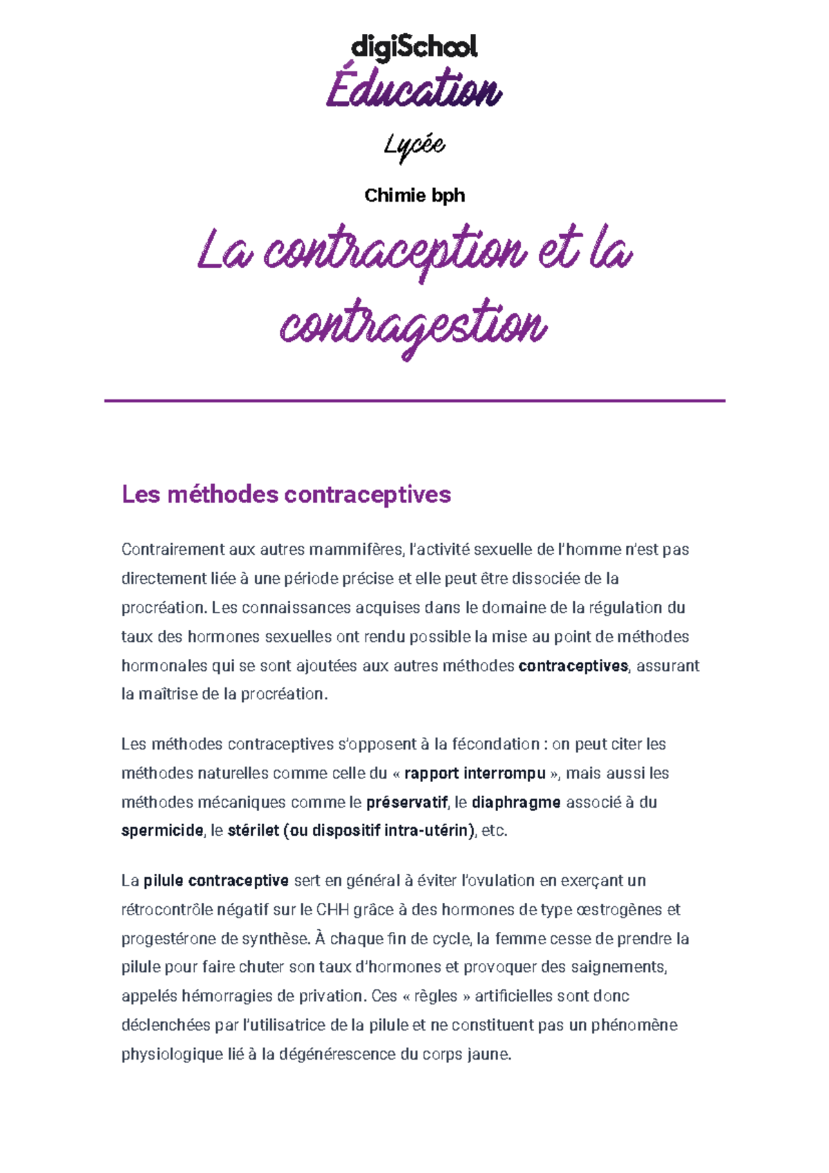 La contraception et la contragestion - Lycée Chimie bph La ...