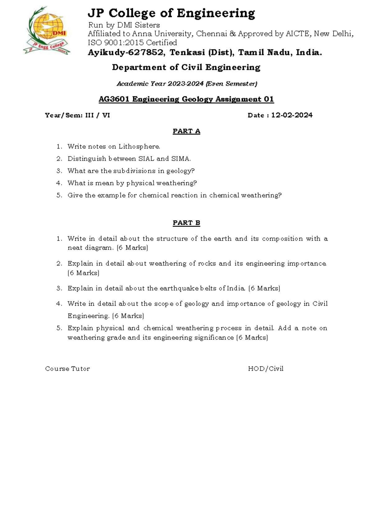 Ag3601 Engineering Geology Describe Assignment 01 Jp College Of