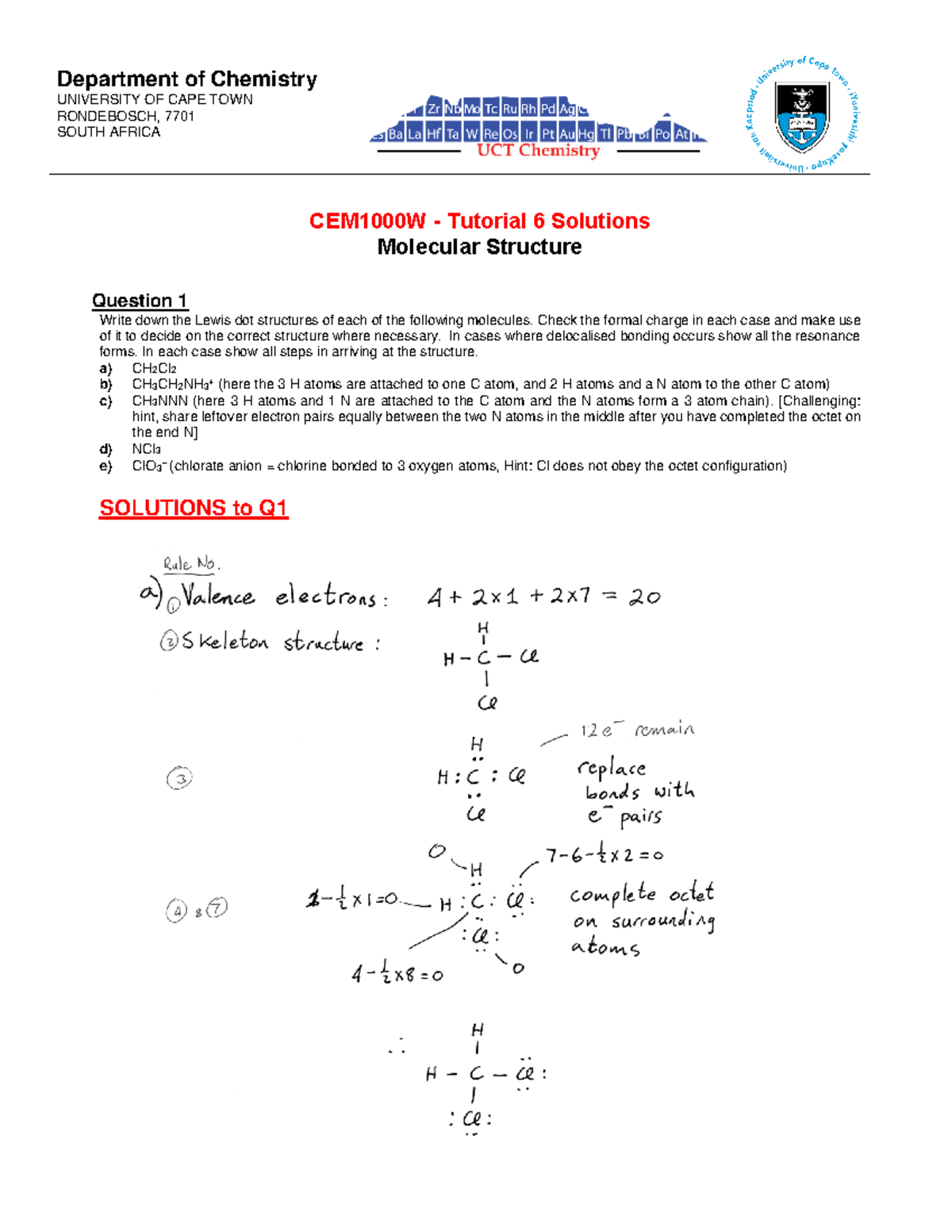 Tutorial 6 Solutions - Department of Chemistry UNIVERSITY OF CAPE TOWN ...