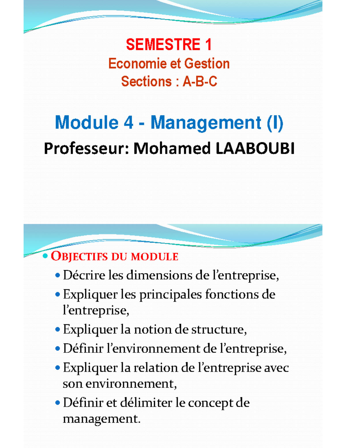 Management (I) intro - SEMESTRE 1 Economie et Gestion Sections : A-B-C Module 4 - Management (I ...