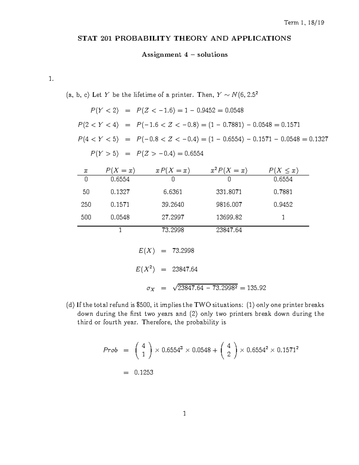 Ans assignment 4 - solutions - Term 1, 18/ STAT 201 PROBABILITY THEORY AND APPLICATIONS ...