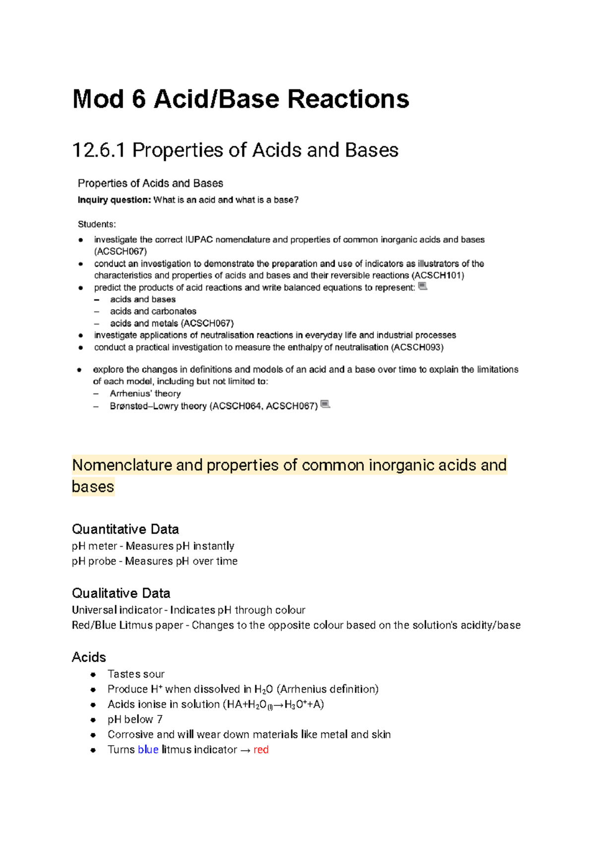 Chemistry Module 6 - Mod 6 Acid/Base Reactions 12.6 Properties of Acids and Bases Nomenclature ...