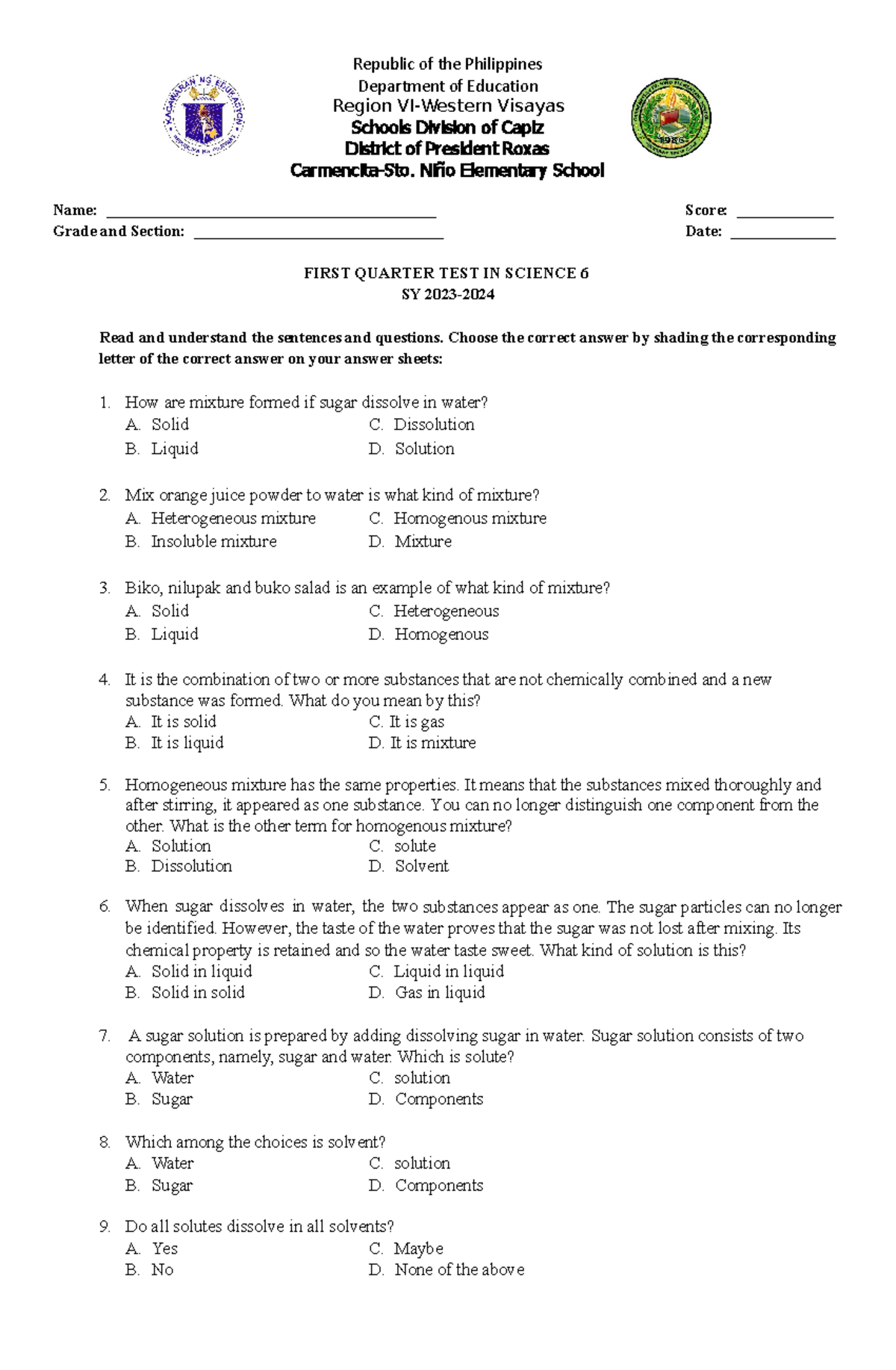 1st periodical test 2023 - Republic of the Philippines Department of ...