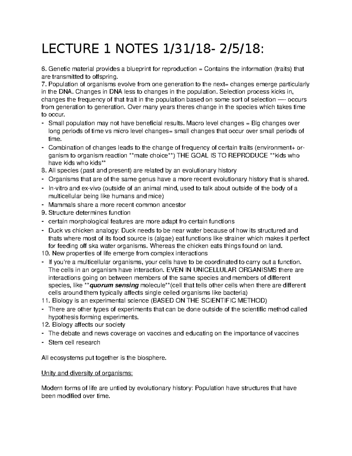 Bio 101 Lecture Notes - Unity and diversity of organisms, Two ...