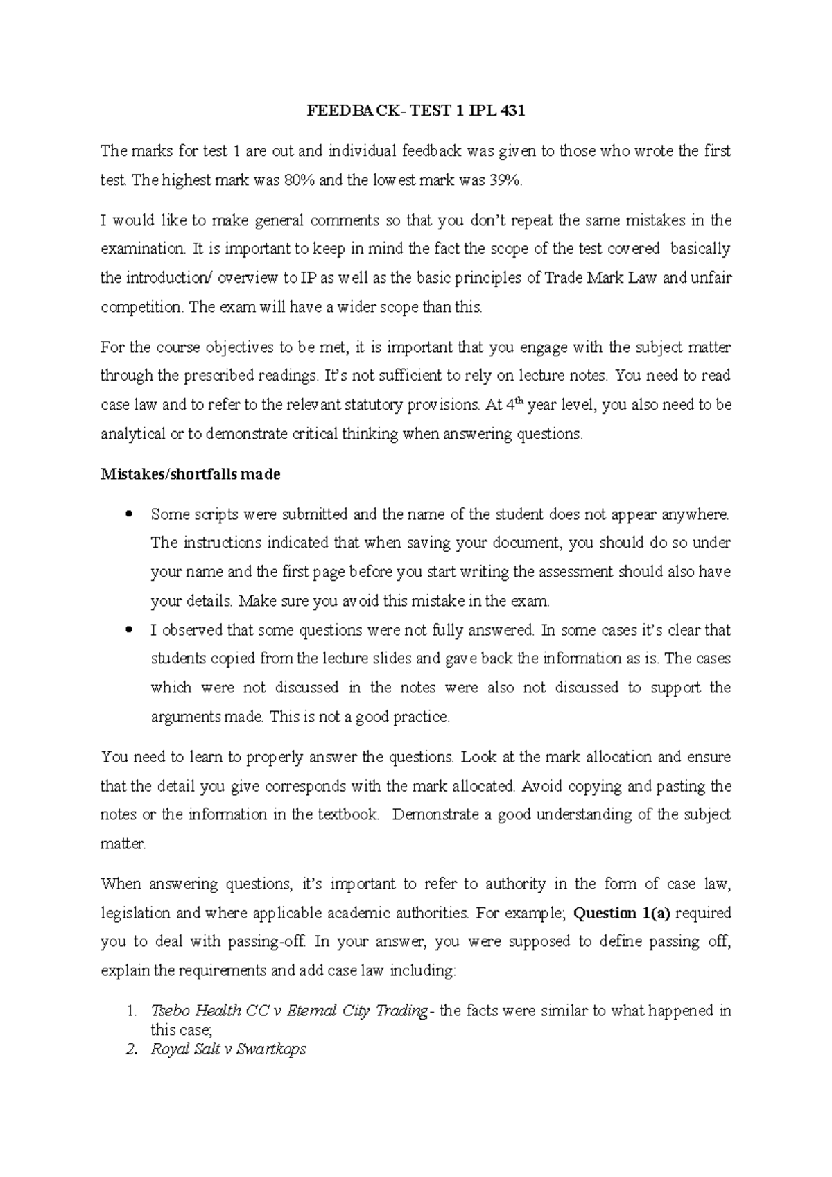 Test 1 Feedback - FEEDBACK- TEST 1 IPL 431 The marks for test 1 are out ...