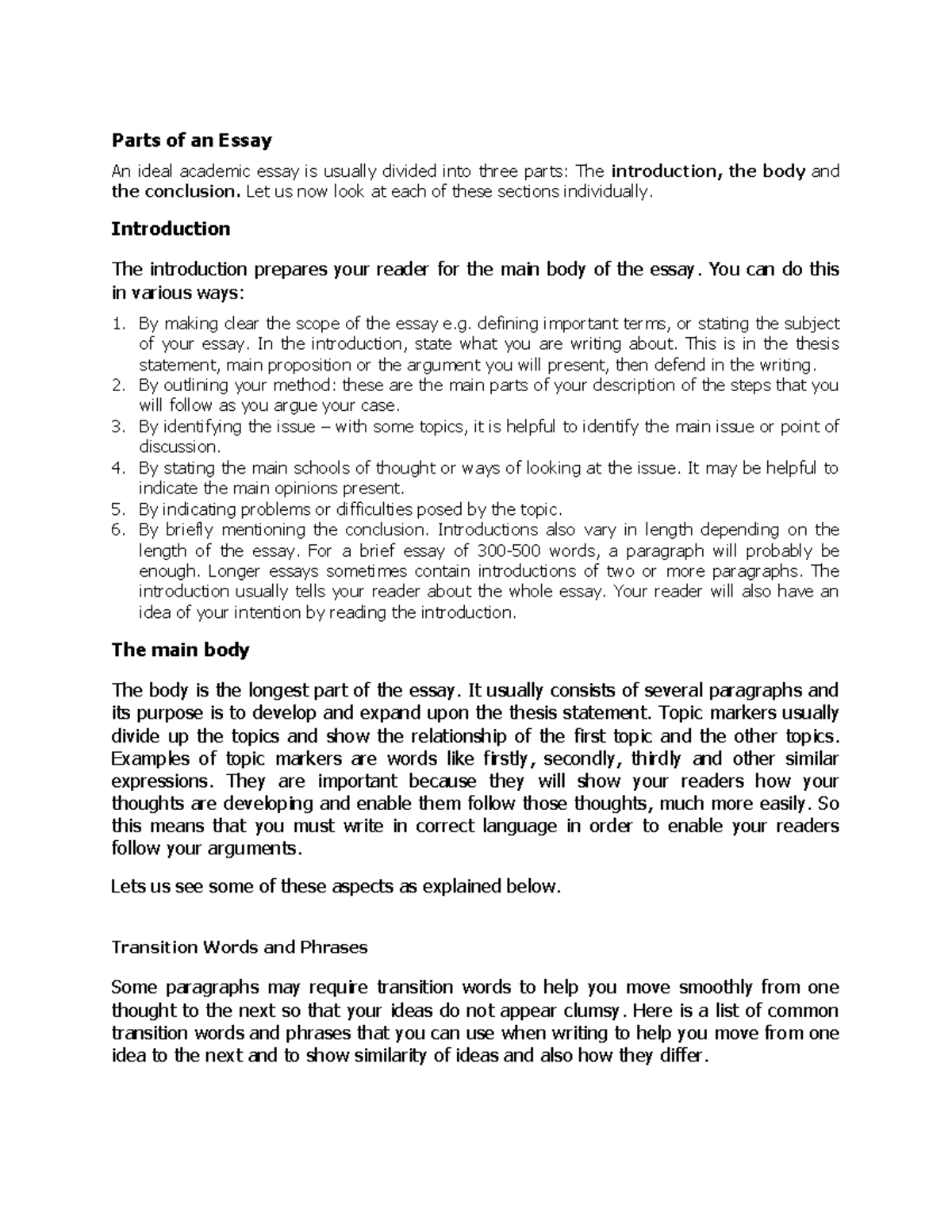 Topic 7 Reading Materials - Parts of an Essay An ideal academic essay ...