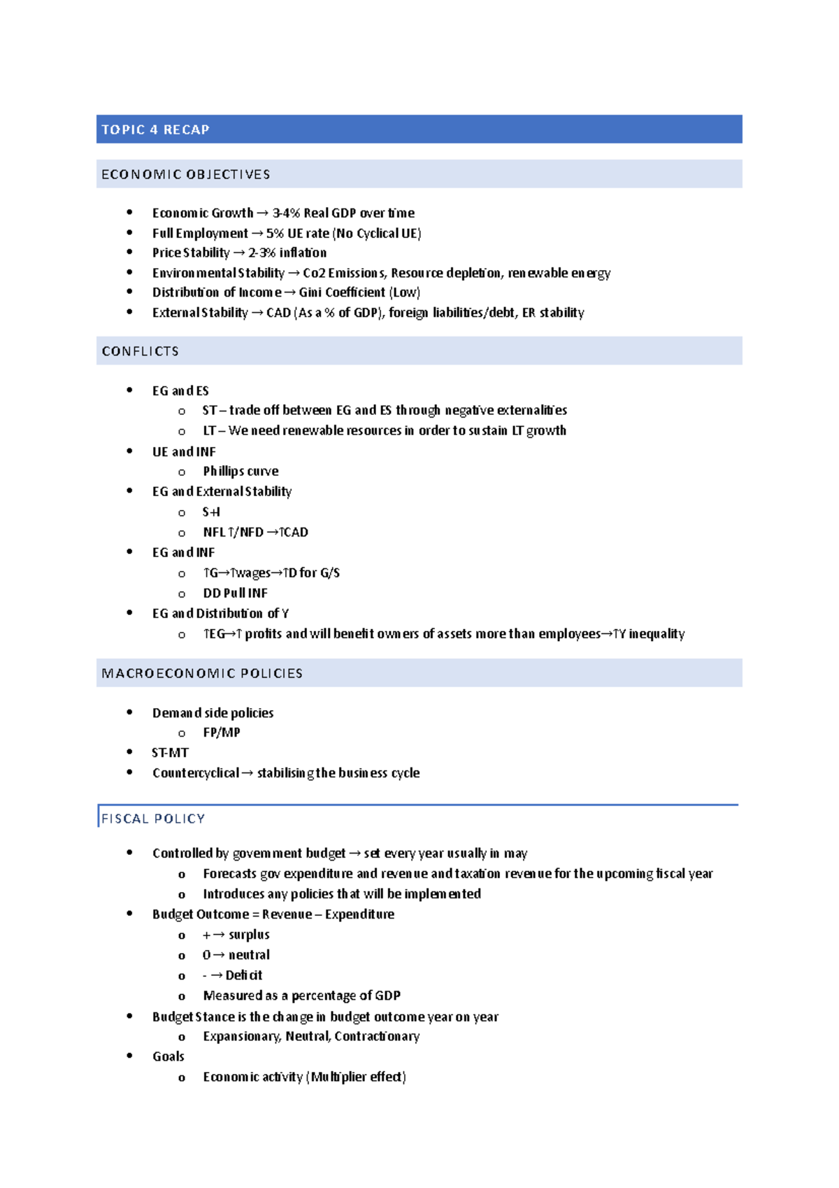Topic 4 recap - Economics - TOPIC 4 RECAP ECONOMIC OBJECTIVES Economic ...
