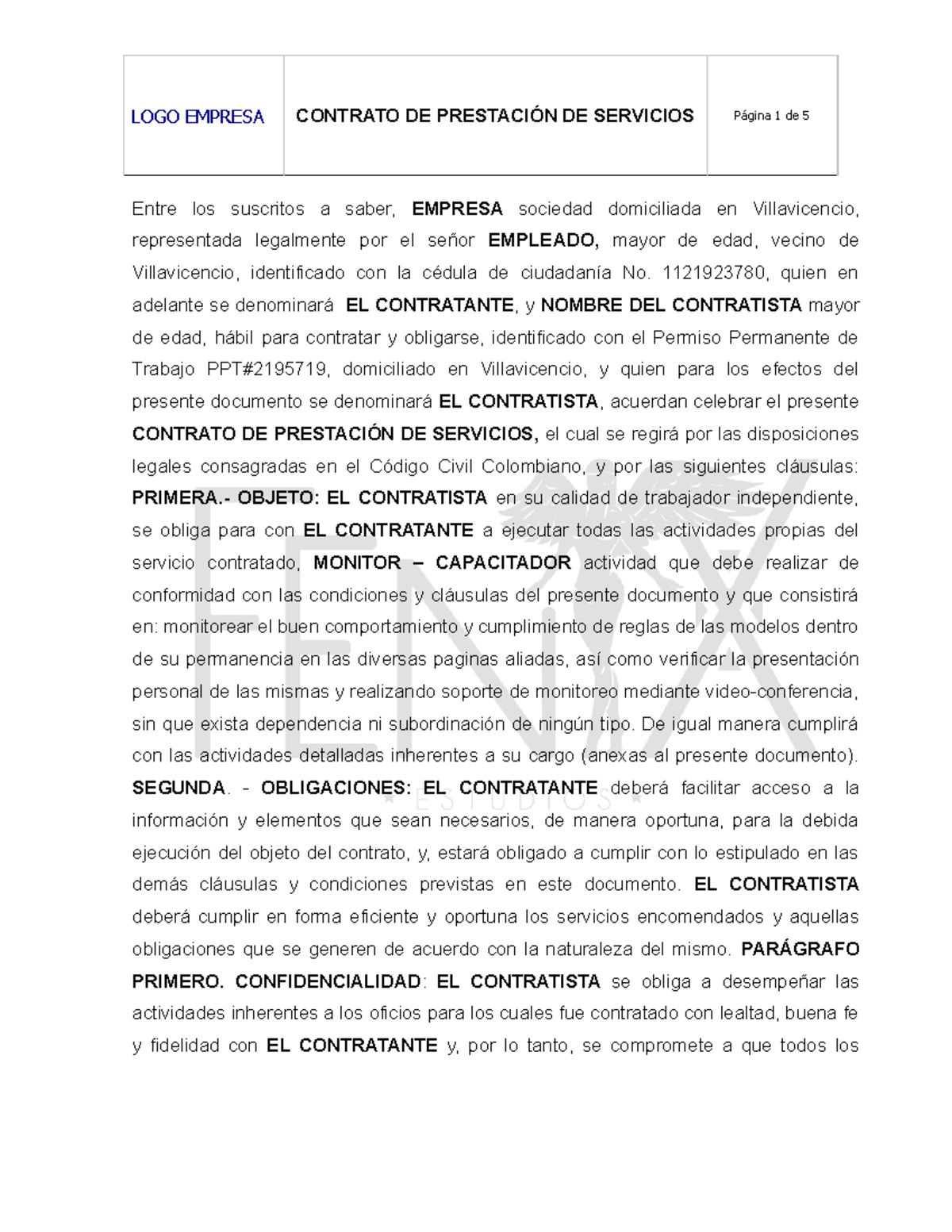 Contrato DE PrestacióN DE Servicios PARA Monitores DE Estudio Webcam - Entre los suscritos a ...