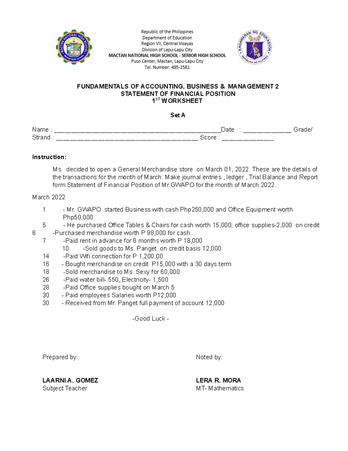 FABM Problem- sets - FUNDAMENTALS OF ACCOUNTING, BUSINESS & MANAGEMENT ...