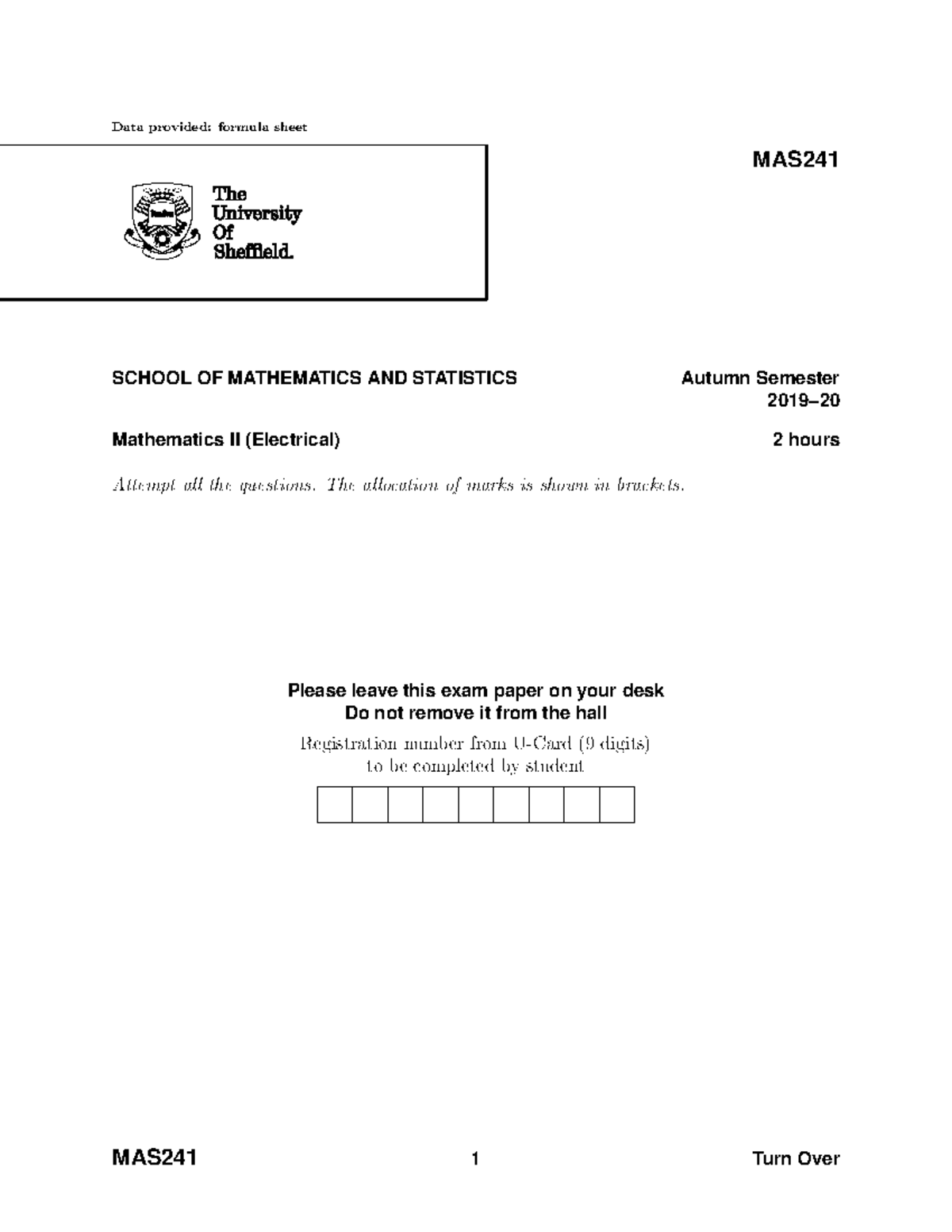 MAS241 19-20exam - sssss - Data provided: formula sheet MAS SCHOOL OF ...