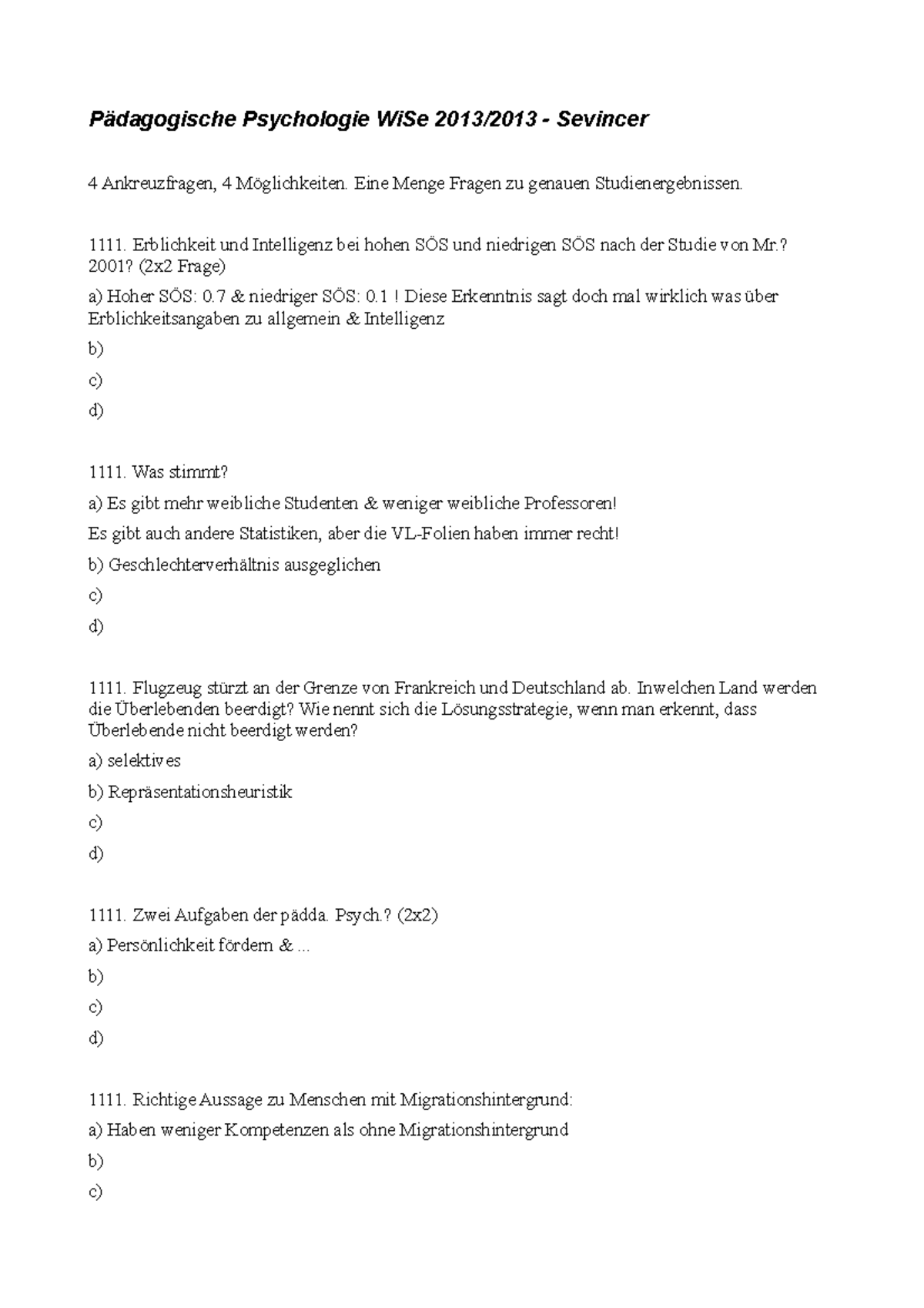 Klausur 2013, Aufgaben und Lösungen - Wintersemester - Pädagogische Psychologie WiSe 2013/2013 ...