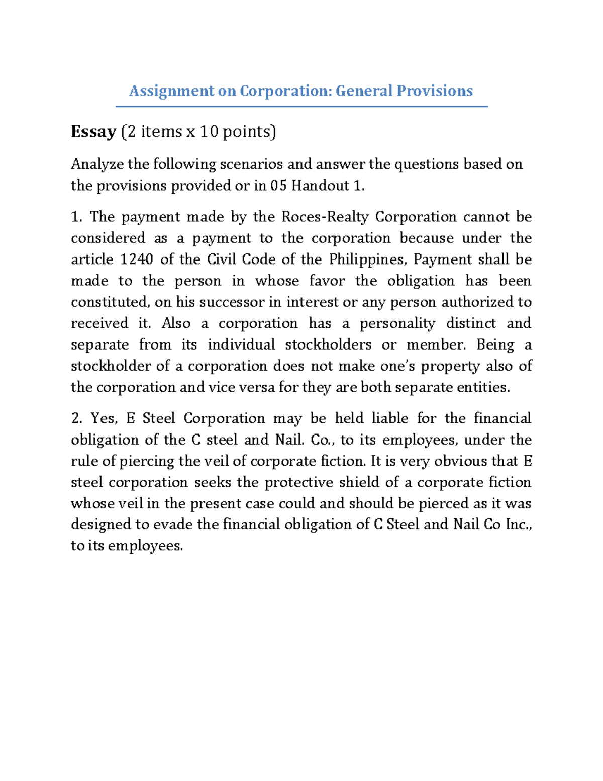 Performance Task - practice materials - Assignment on Corporation ...