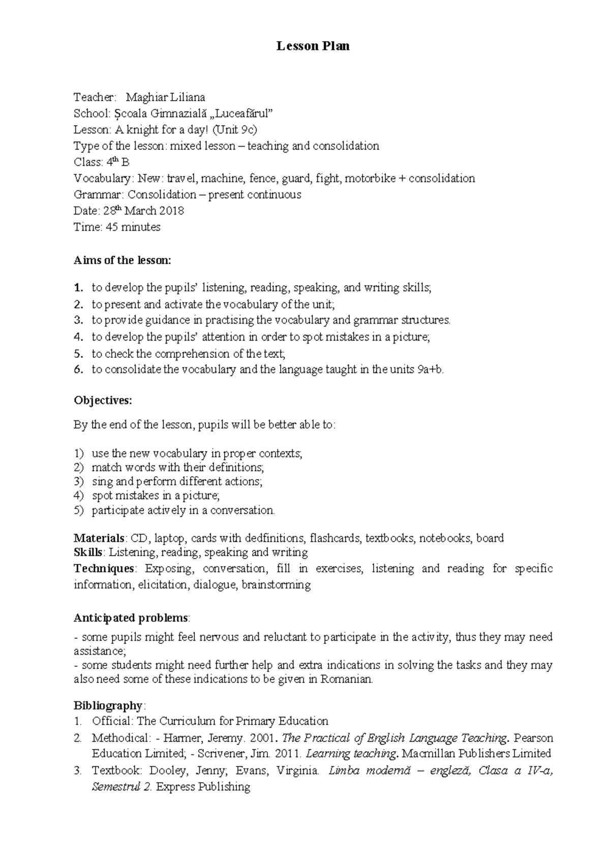 1195- Lesson PLAN - Grade 4, 9C - A knight for a day - Mixed lesson - Lesson Plan Teacher ...