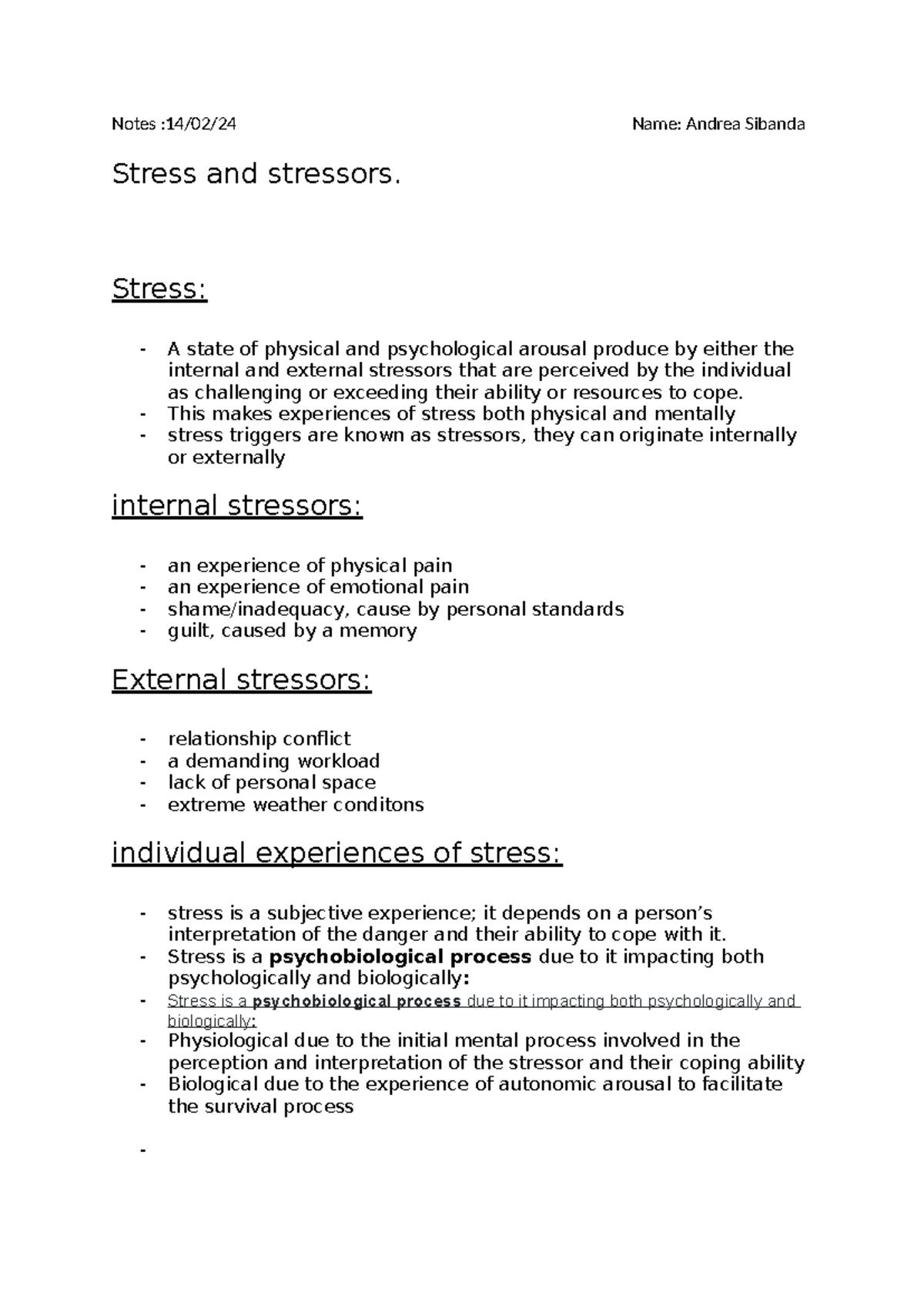 psychology unit 3 and 4 study notes, - Notes :14/02/24 Name: Andrea ...