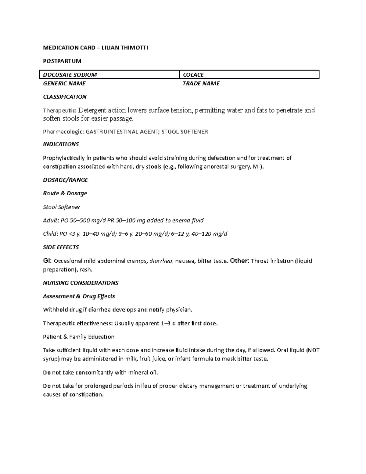 Docusate Sodium MED CARD - MEDICATION CARD – LILIAN THIMOTTI POSTPARTUM ...
