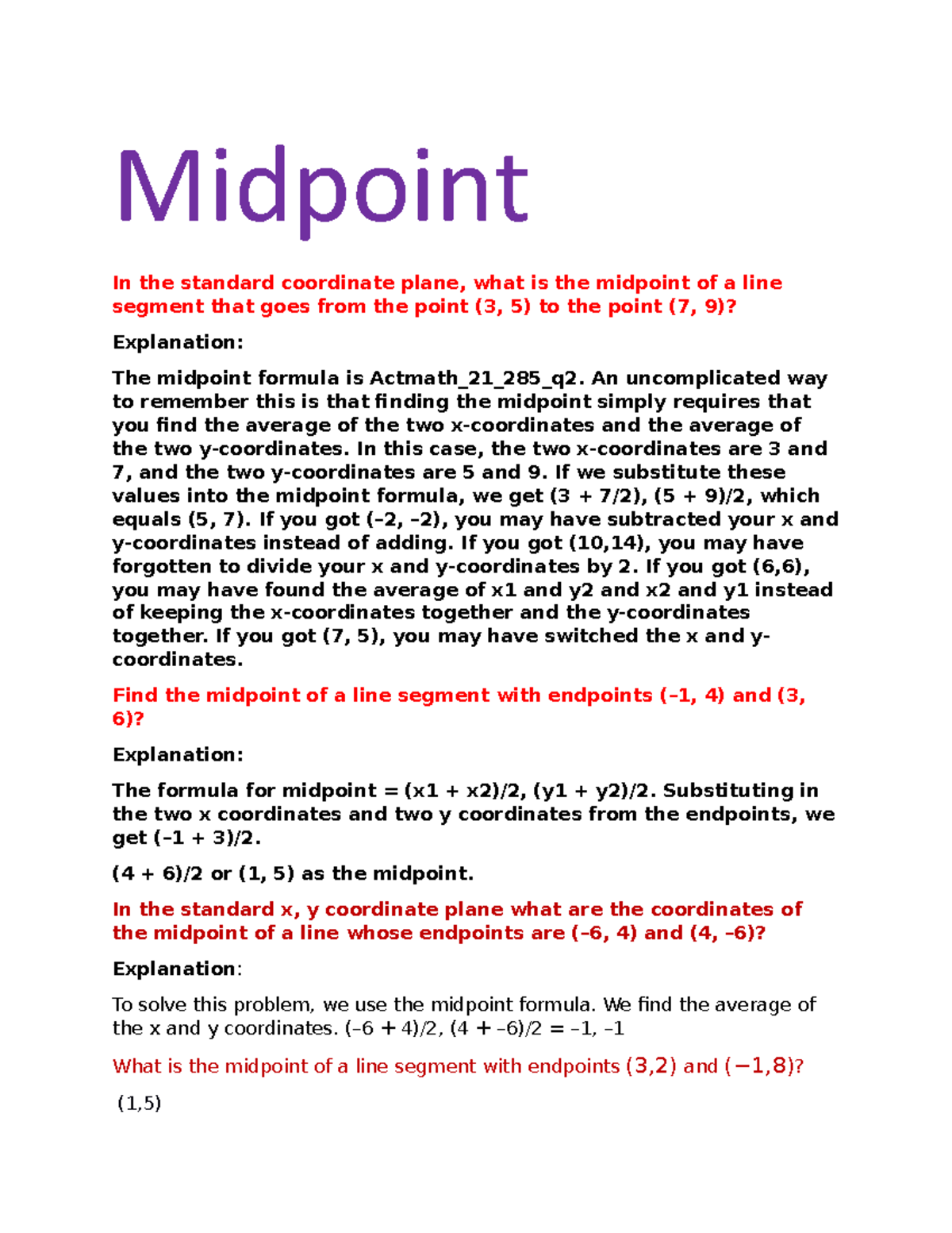 Midpoint - it make the student understand. - Midpoint In the standard ...