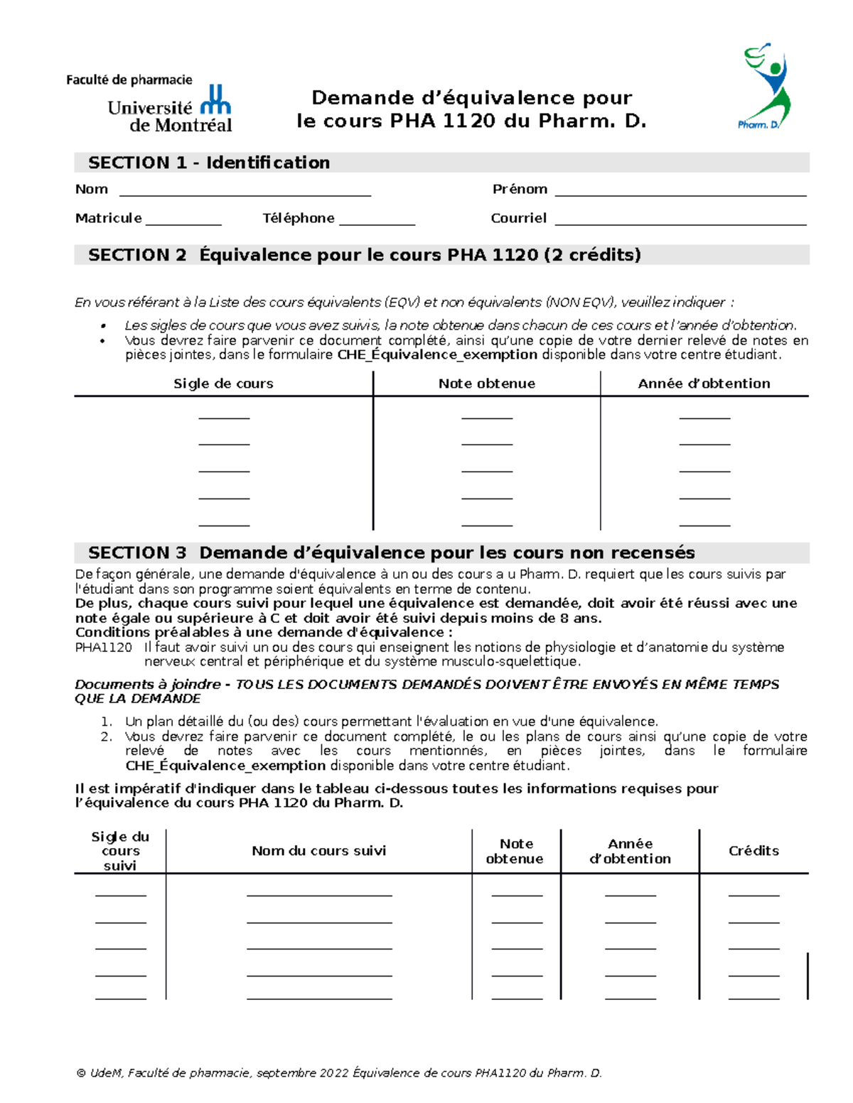 Demande Equivalence PHA 1120du Pharm D V23-05 - Demande d’équivalence pour le cours PHA 1120 du ...