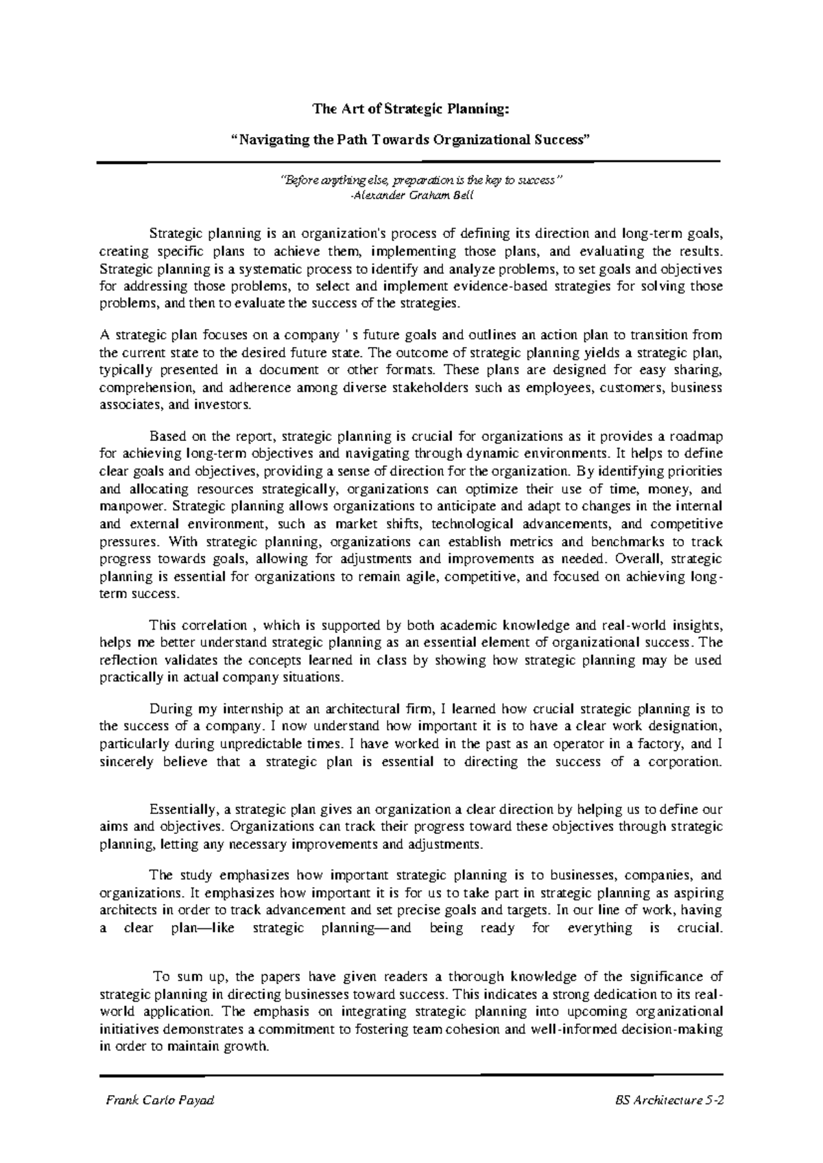 Reflection Paper - The Art of Strategic Planning: “Navigating the Path ...