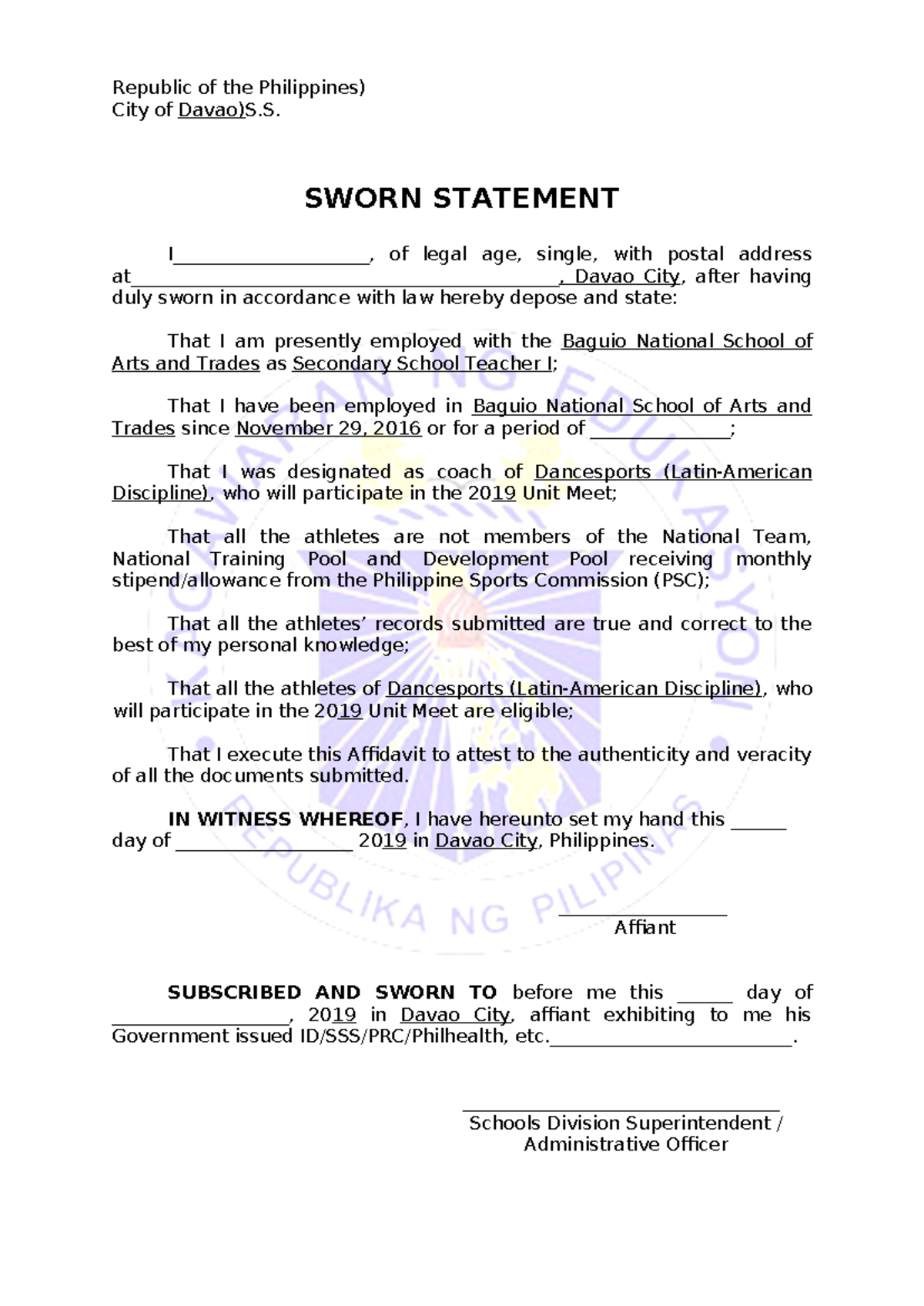2019-Sworn-Statement - Republic of the Philippines) City of Davao)S ...