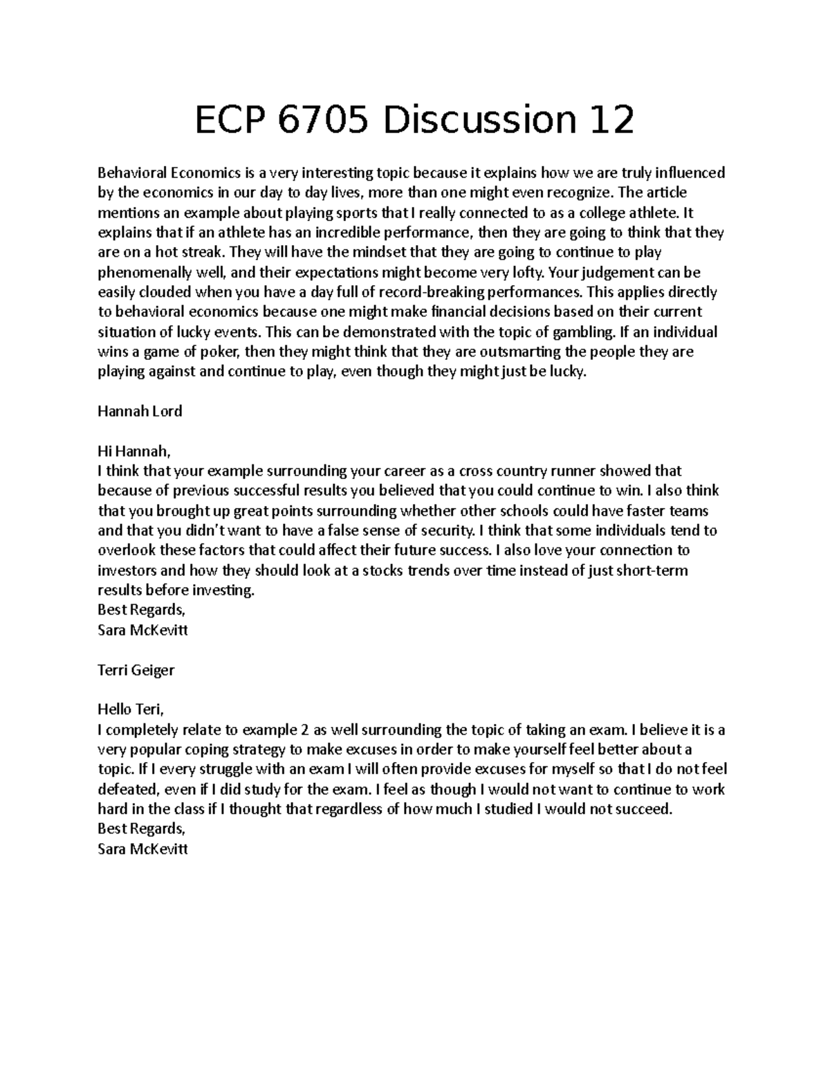 ECP 6705 Discussion 12 - ECP 6705 Discussion 12 Behavioral Economics is ...