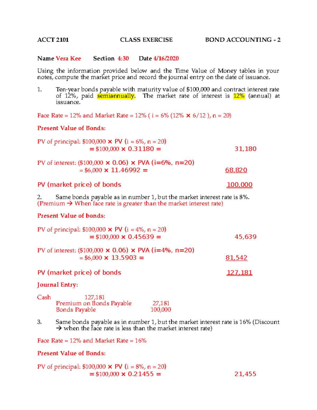 Bond Accounting 2 - class exercise - ACCT 2101 CLASS EXERCISE BOND ...