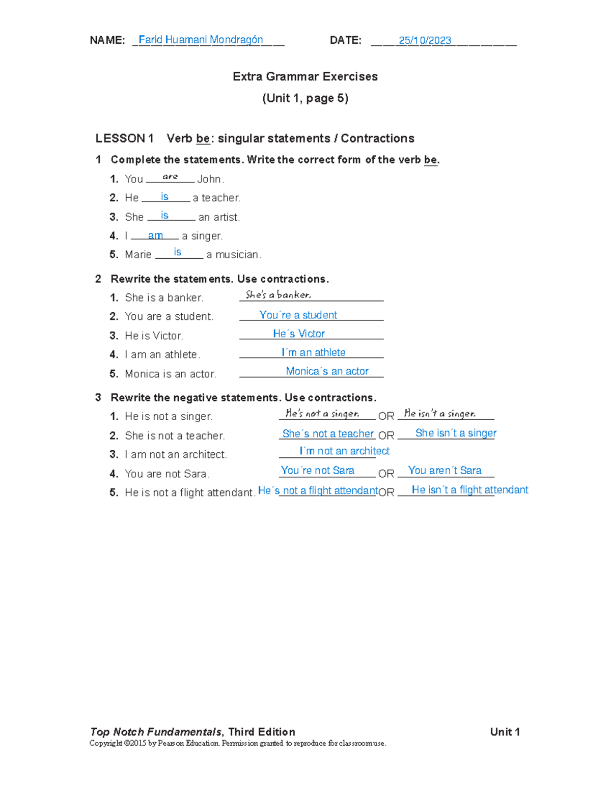 UNIT 01 Extra Grammar Exercises - Top Notch Fundamentals, Third Edition Unit 1 Extra Grammar ...