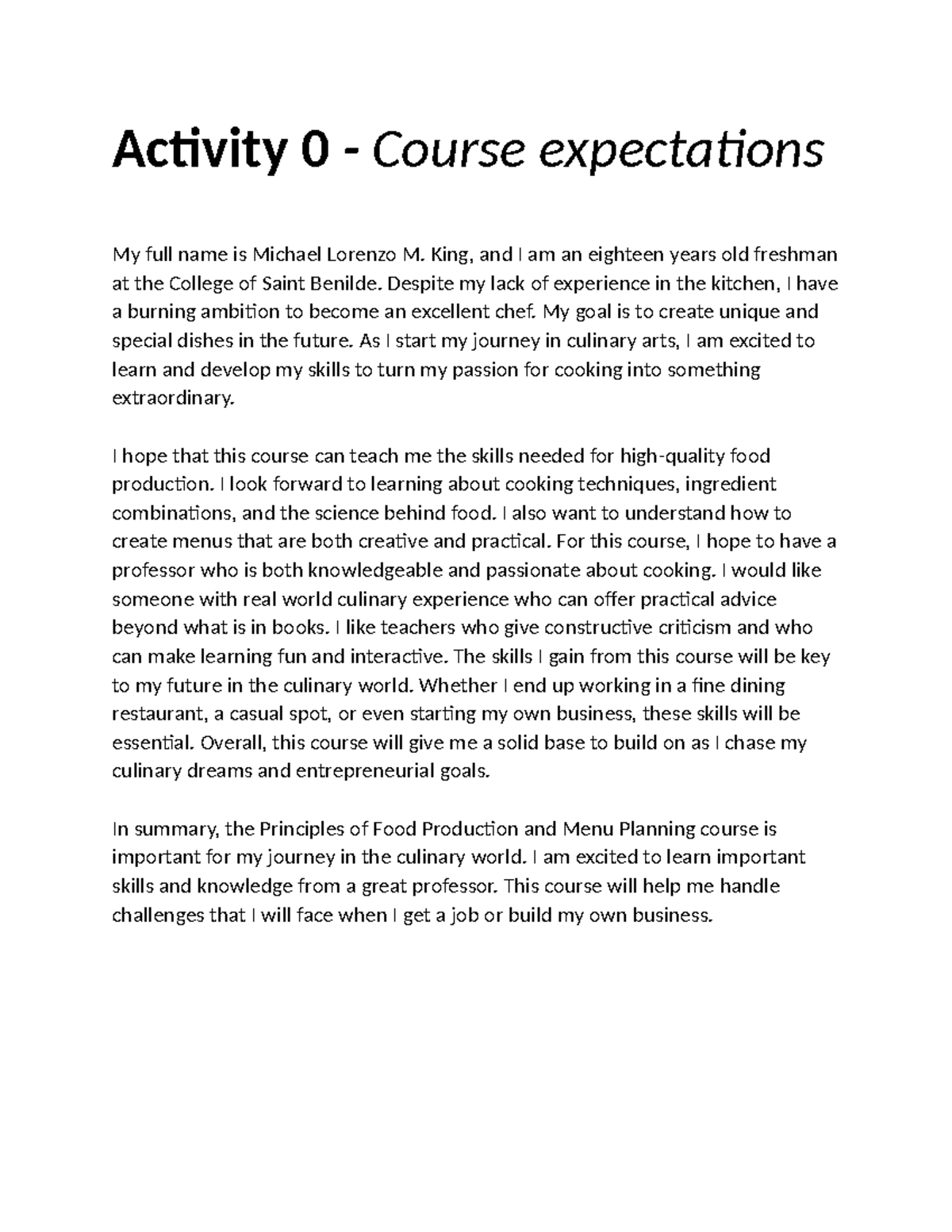 Activity 0-Course Expectations KING - Activity 0 - Course expectations ...