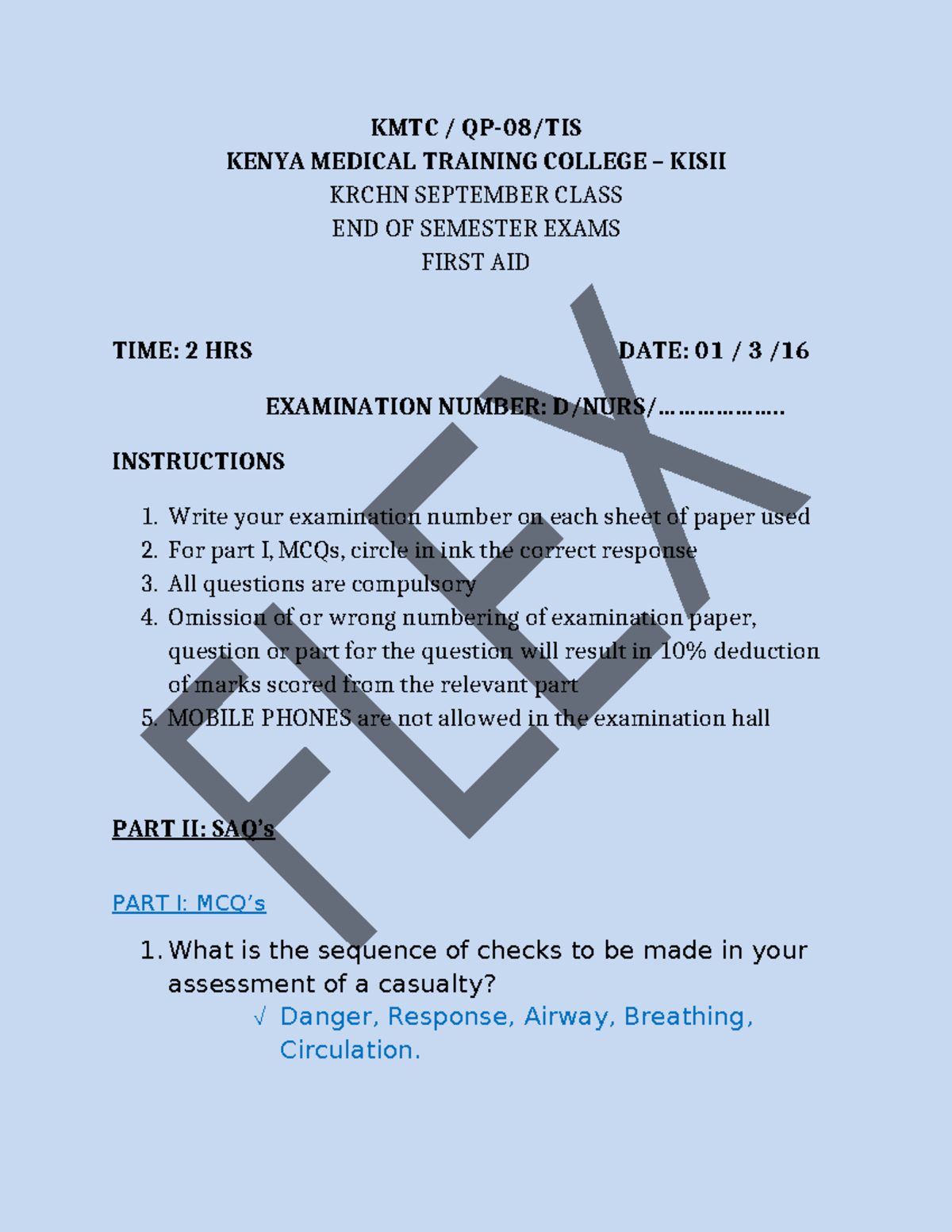 First aid revision question vs end sem 1, sept 2015-1-1 - KMTC / QP-08 ...
