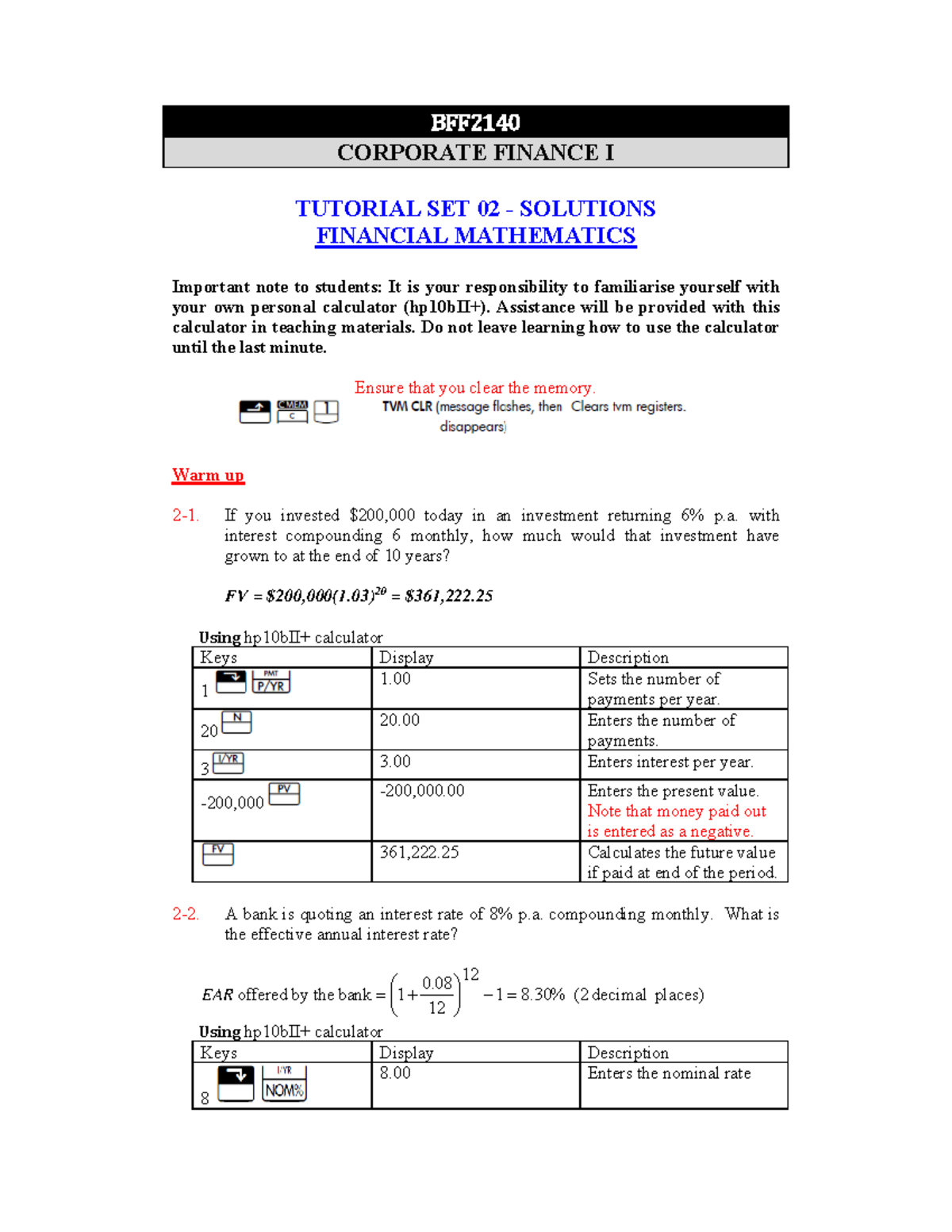 BFF2140 Tutorial SET 02 Solutions Final - BFF 2140 CORPORATE FINANCE I ...
