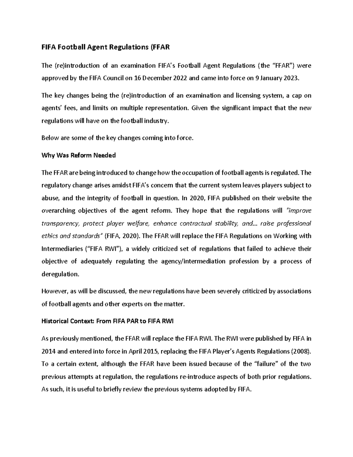 FIFA Football Agent Regulations 33 - The key changes being the (re ...