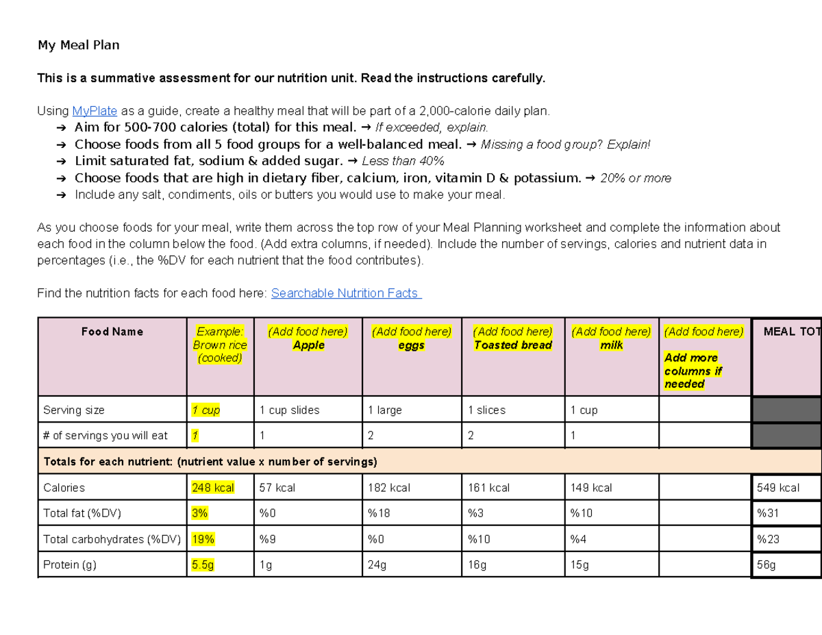 Copy of My Meal Plan -2 - vvvvv - My Meal Plan This is a summative ...
