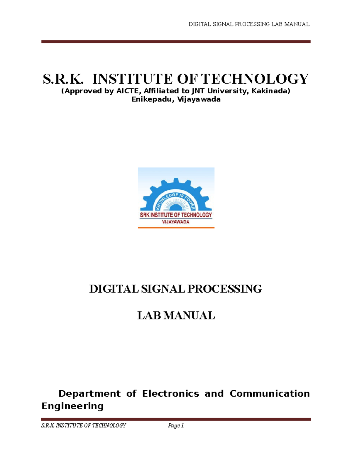 Dsp manual R16 Reg - S.R. INSTITUTE OF TECHNOLOGY (Approved by AICTE, Affiliated to JNT ...